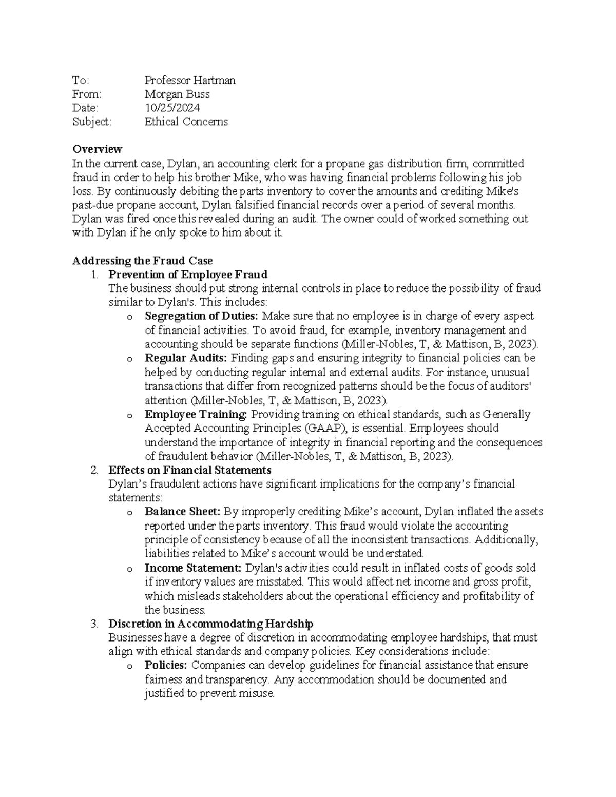Ethical Memo - Fraud Case - To: Professor Hartman From: Morgan Buss ...