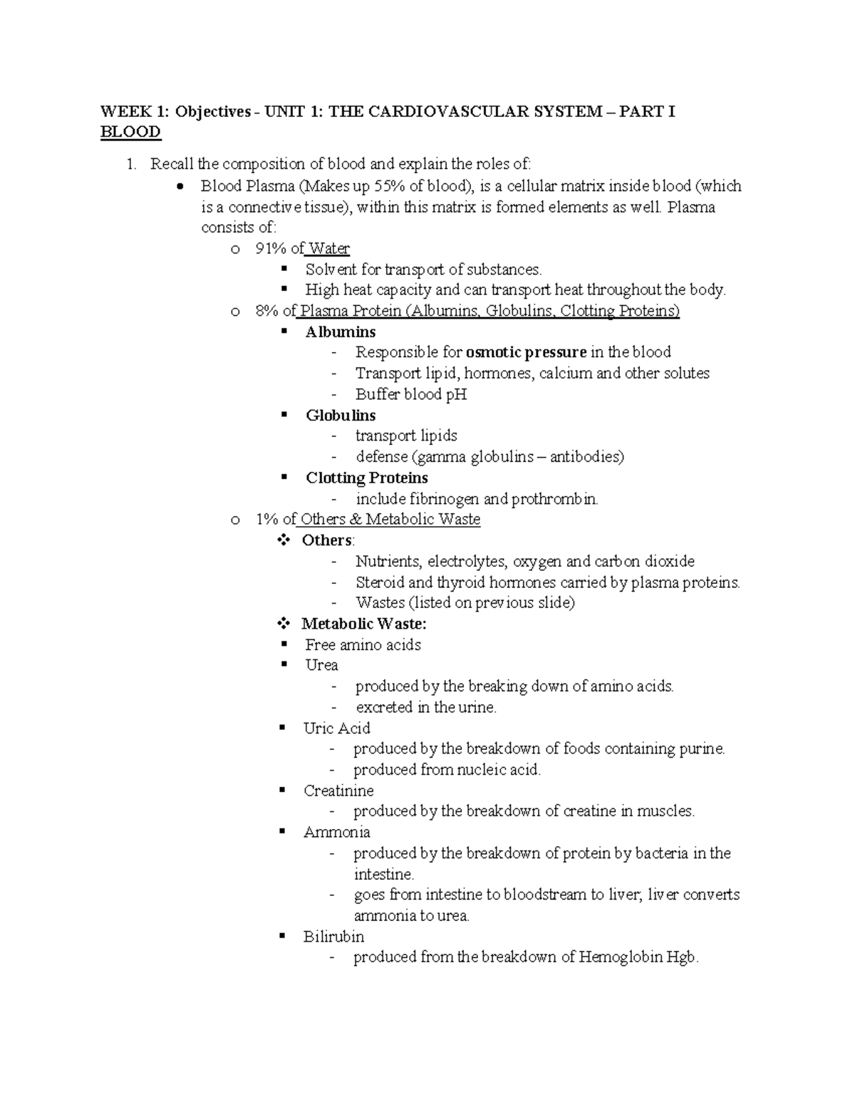 Anatomy Week 1 Objectives Notes - WEEK 1: Objectives - UNIT 1: THE ...