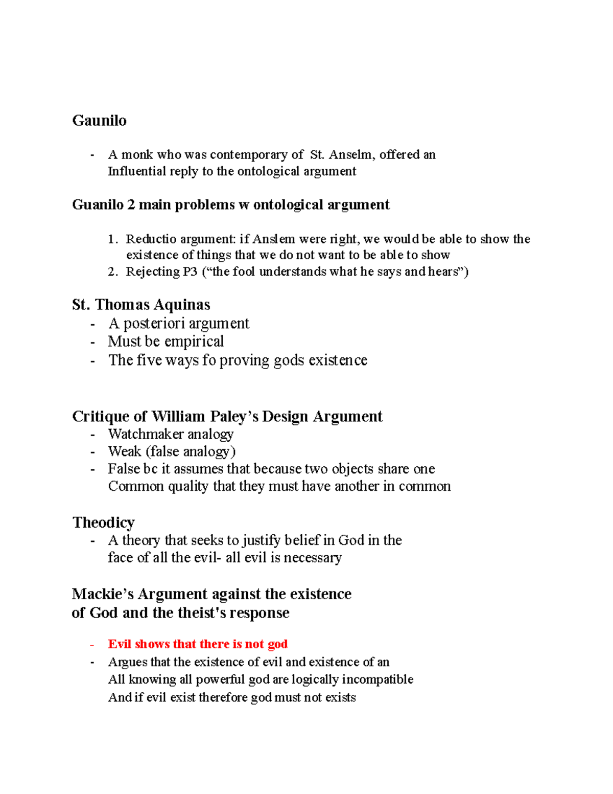 Cheat sheet Emillie Sorenson class - Gaunilo - A monk who was ...