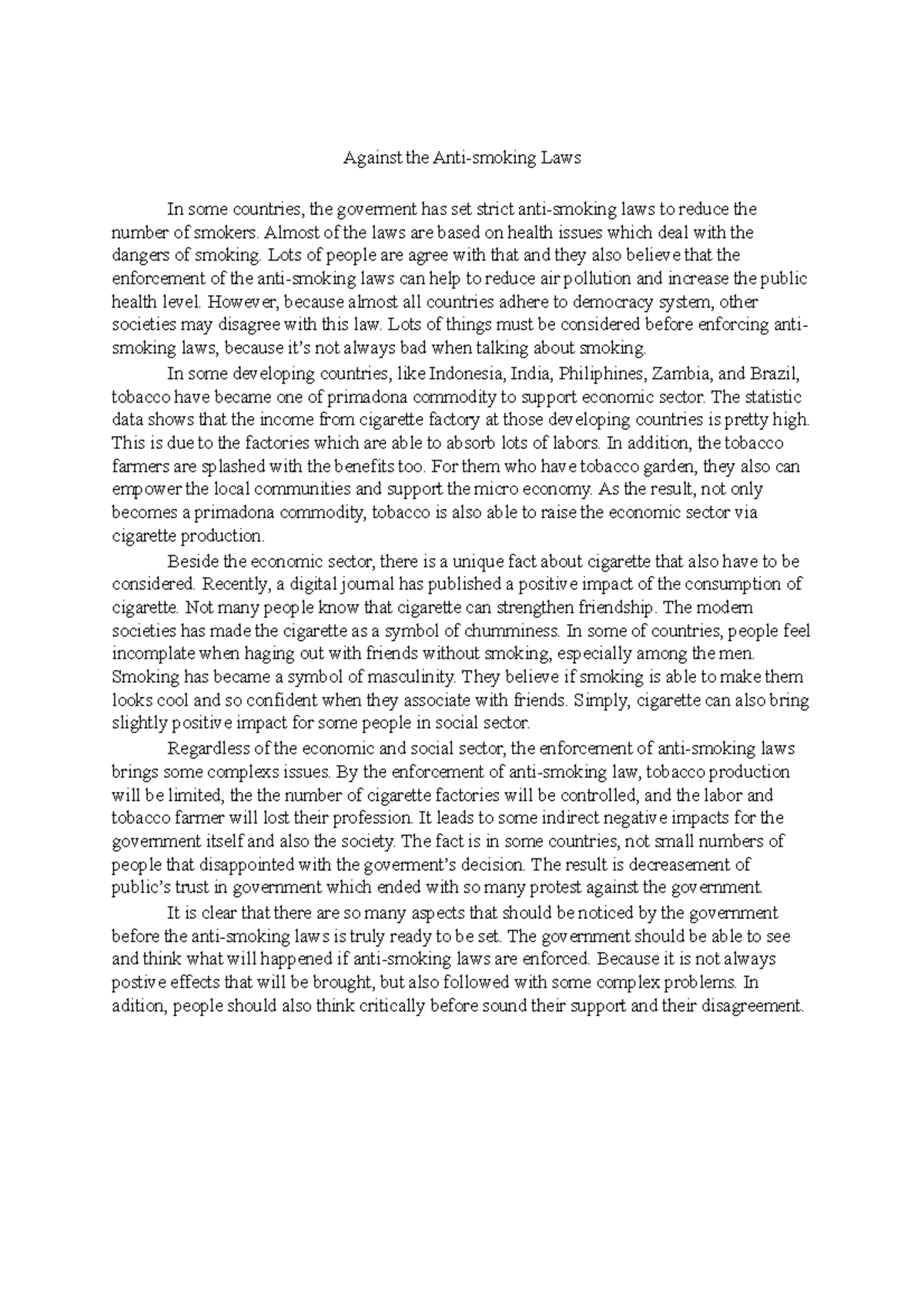 AWA Opinion Grade A Against The Anti smoking Laws In Some