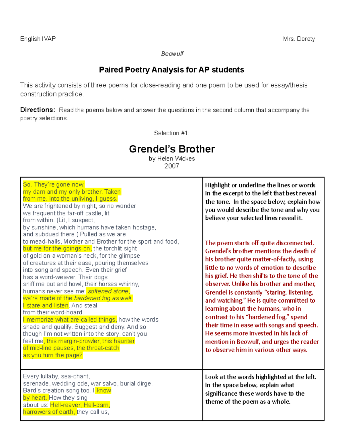 Copy of Beowulf Paired Poetry - English IVAP Mrs. Dorety Beowulf Paired ...