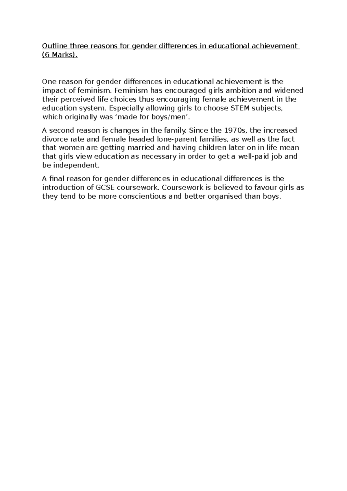 Outline three reasons for gender differences in educational achievement ...