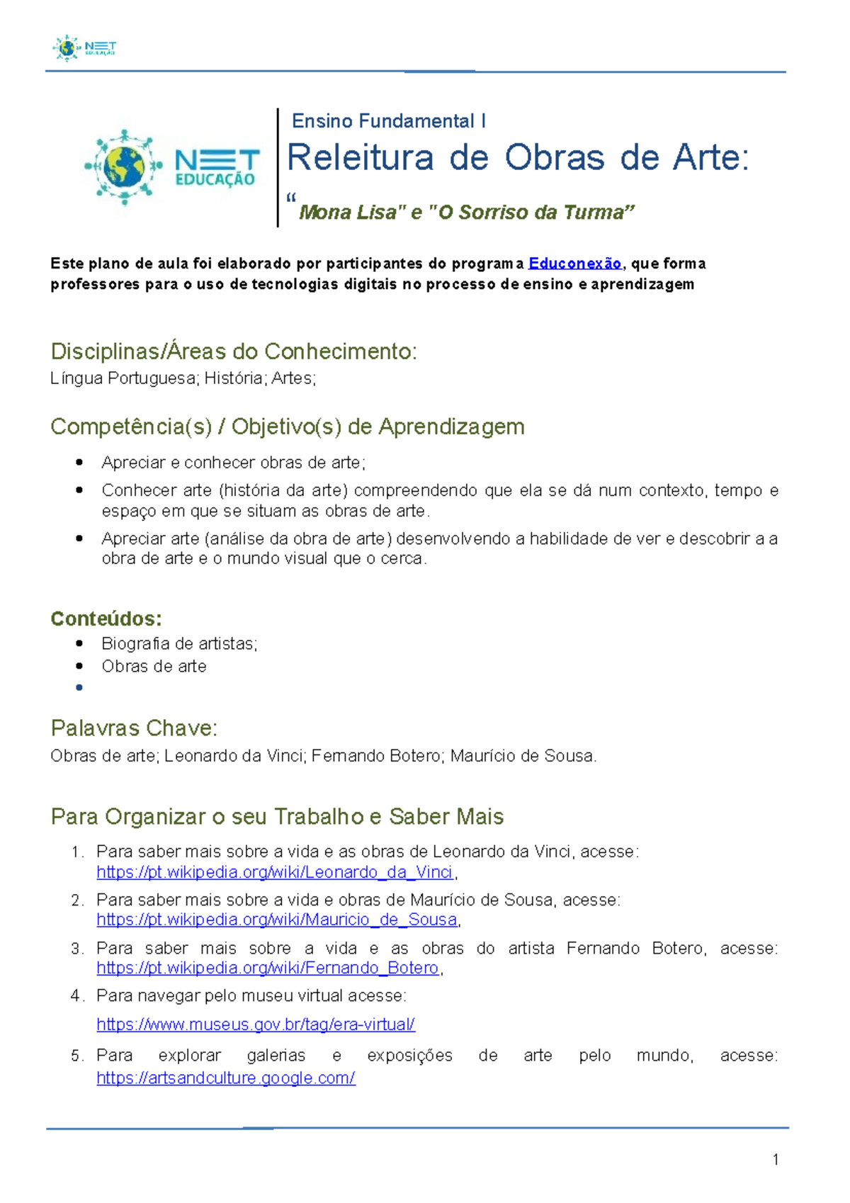 Plano de aula Releitura de Obras de Arte Mona Lisa e O Sorriso da Turma ...