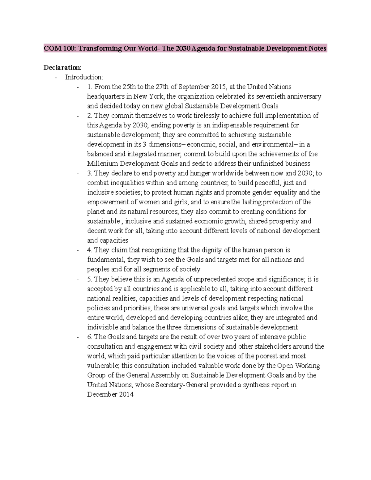 Transforming Our World- Declaration Intro Notes - COM 100: Transforming ...