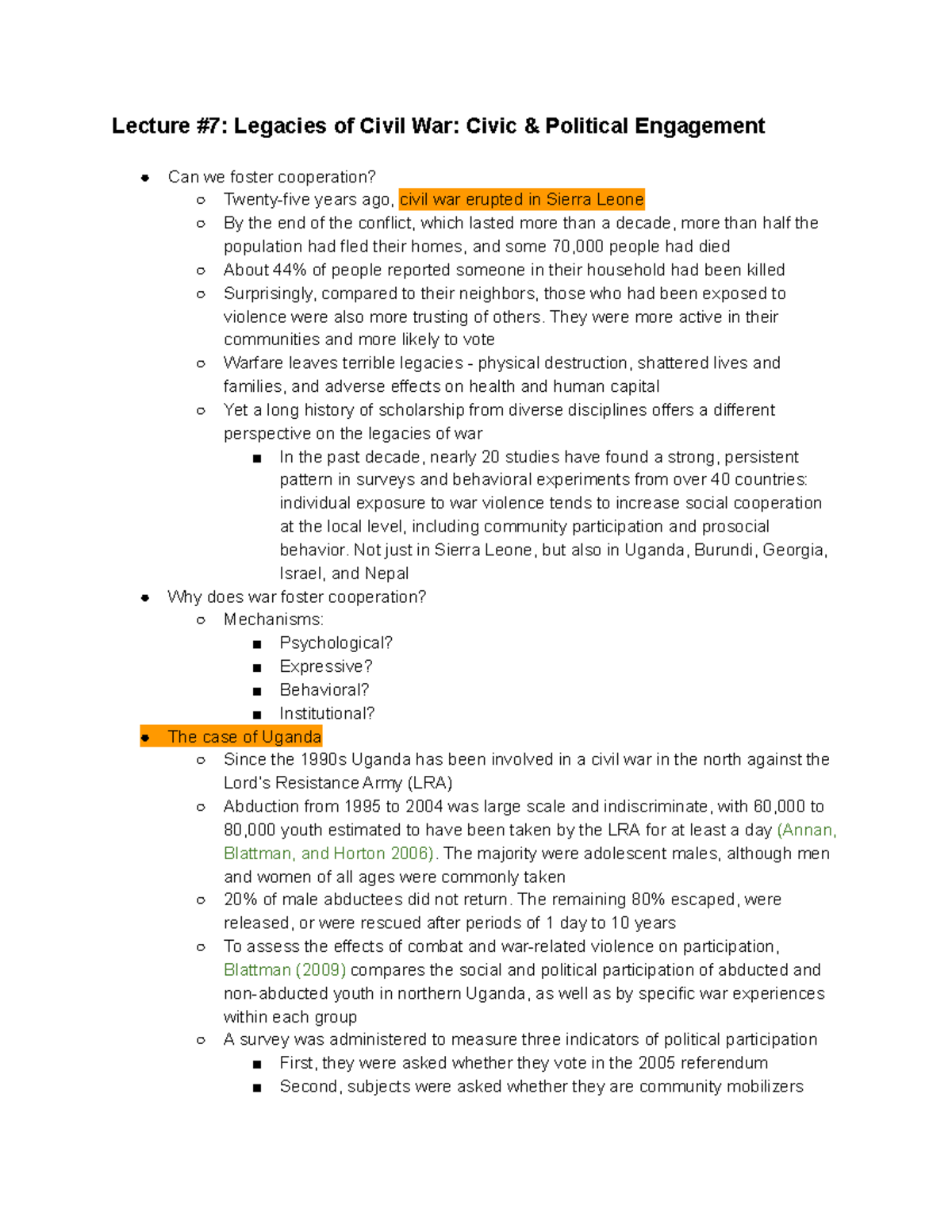 POL 126 - Lec # 7 - Lecture notes 7 - Lecture #7: Legacies of Civil War ...