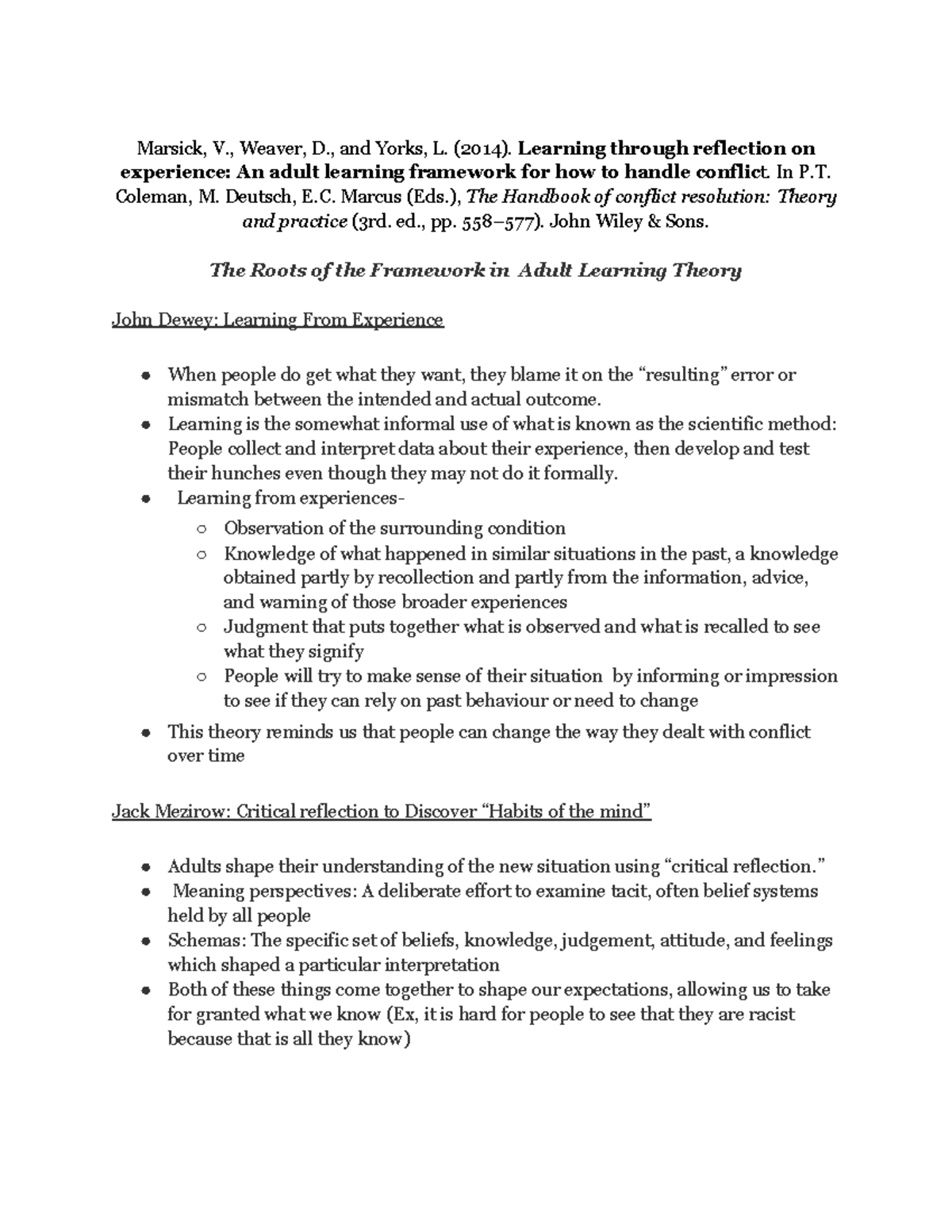 Learning through reflection on experience An adult learning framework ...