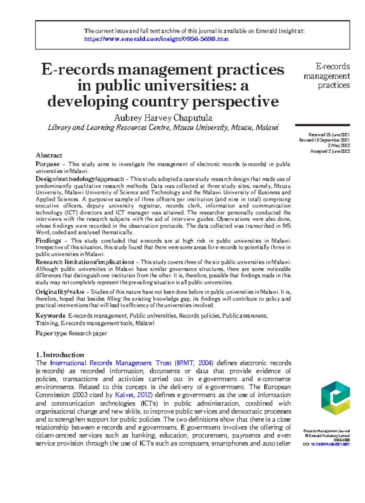 E-records management practices in public universities a developing ...