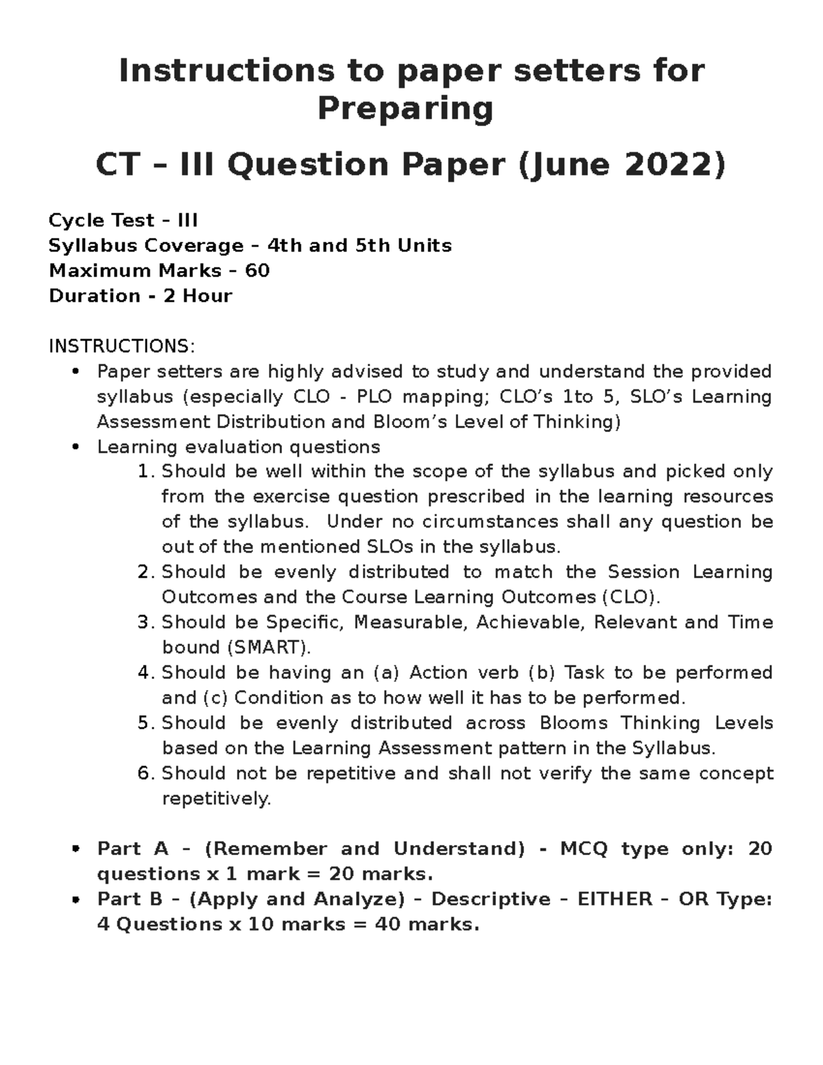 Paper Pattern CT-3 - Instructions to paper setters for Preparing CT ...