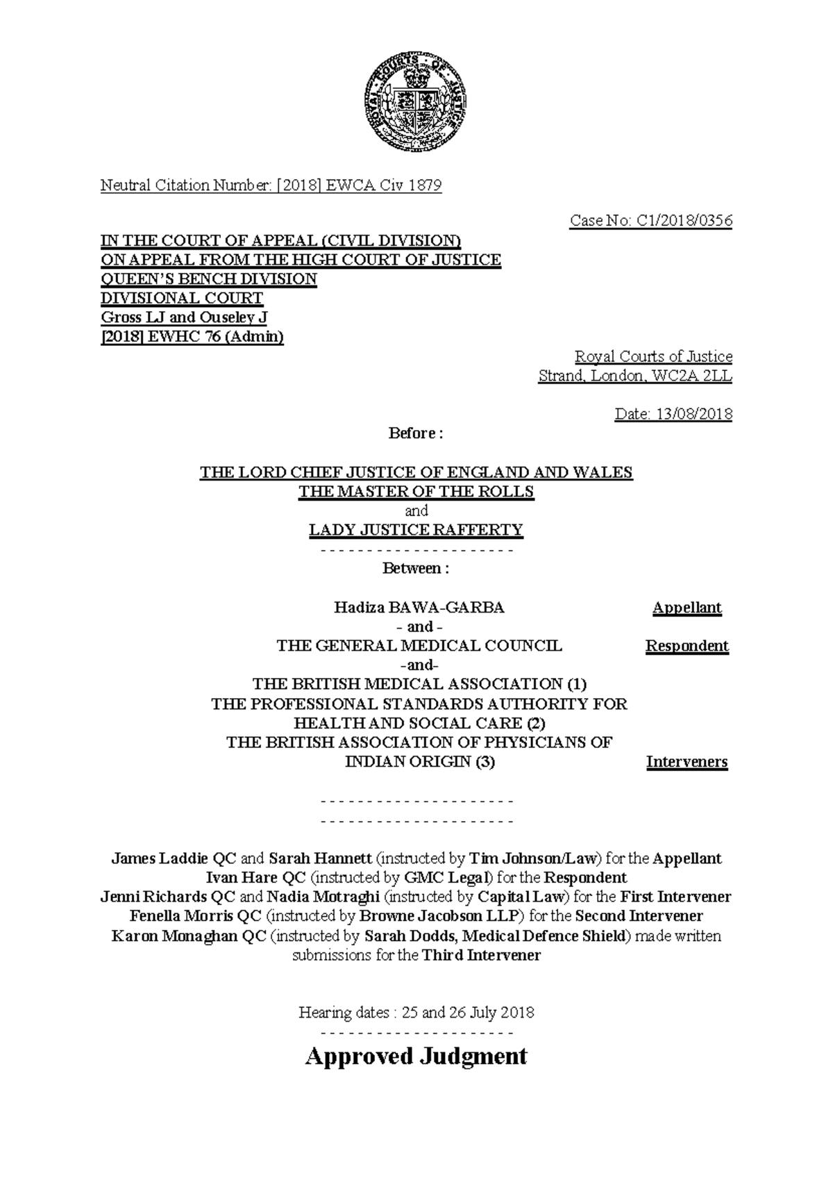 Bawa garba v gmc final judgment - Neutral Citation Number: [2018] EWCA ...