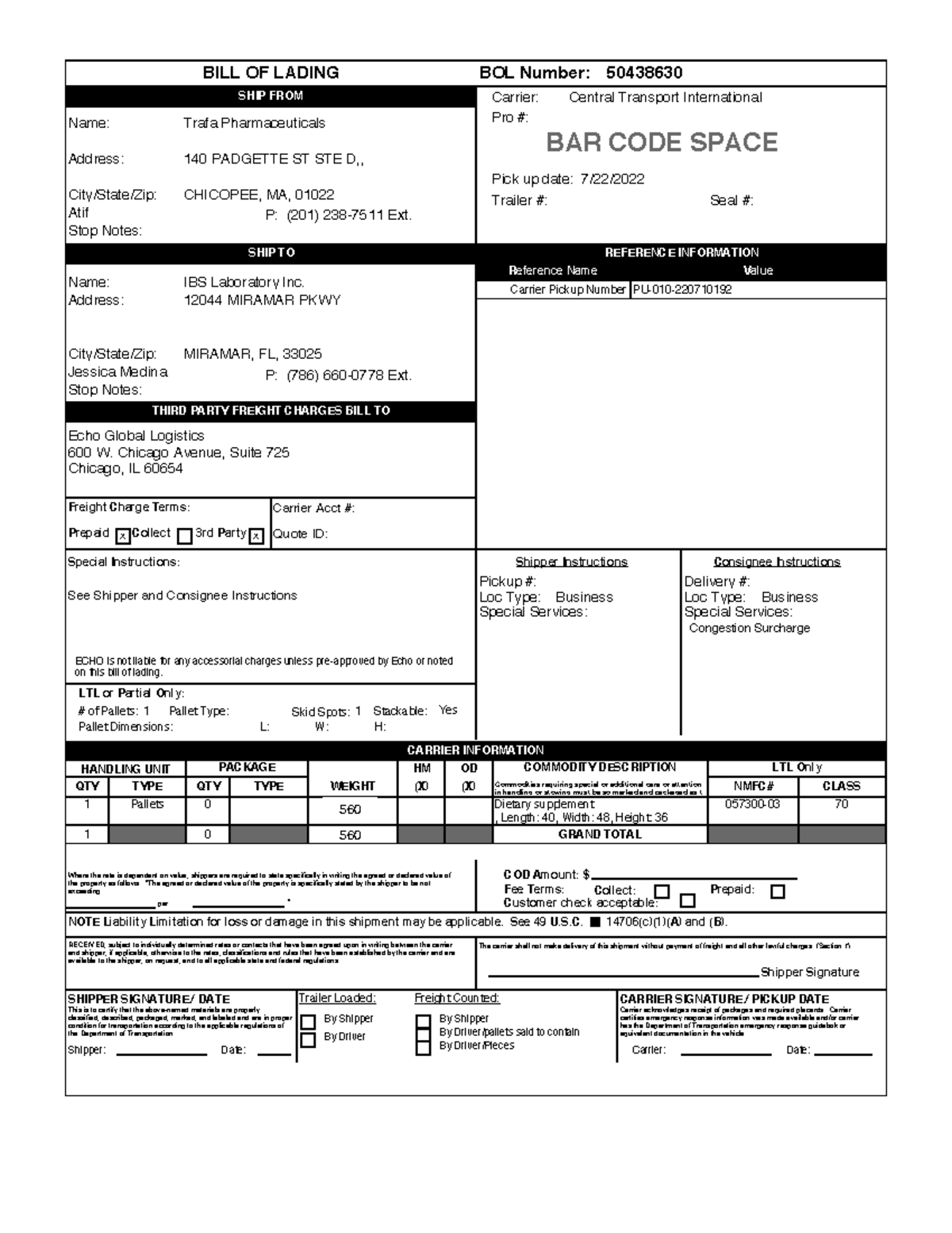 BOL50438630 - notes - Fee Terms: Customer check acceptable: Collect ...