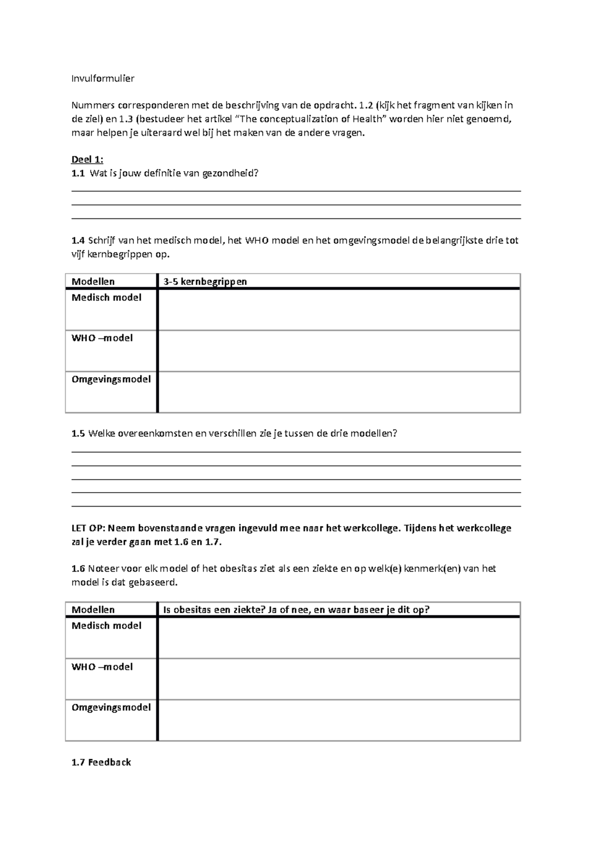 Invulformulier portfolio ziek gezond modellen van gezondheid ...