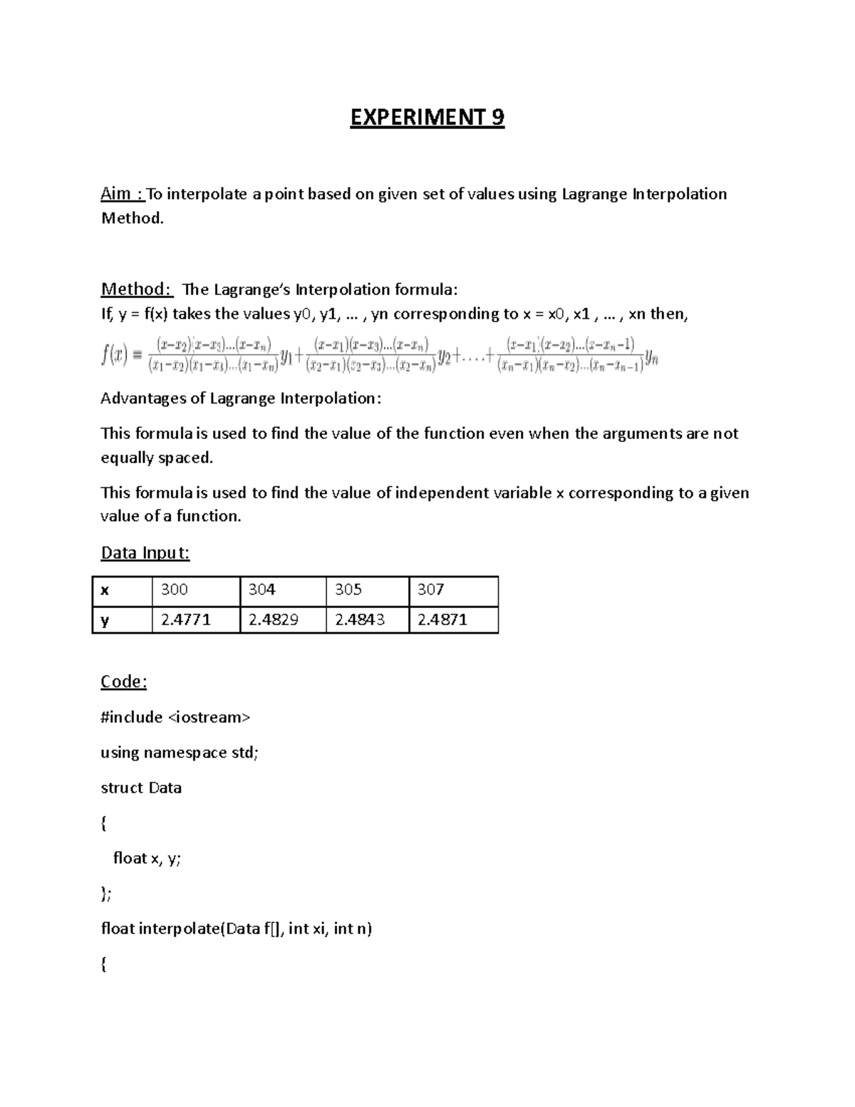 EXP 9 - COMPUTATONAL METHODS - EXPERIMENT 9 Aim : To interpolate a point based on given set of ...