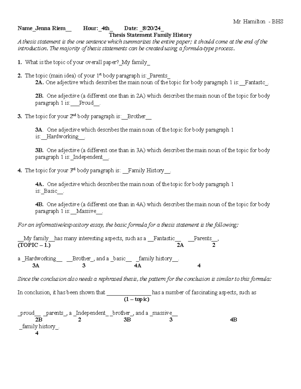 Thesis Statement Family History - Mr. Hamilton - BHS Name_Jenna Riem ...
