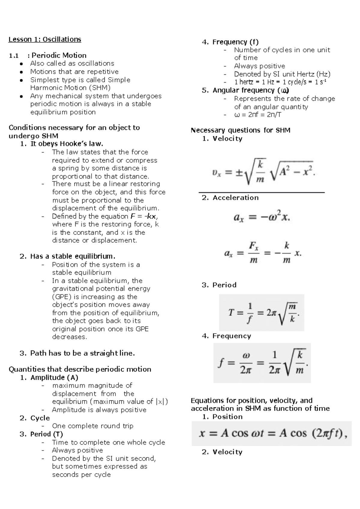 Physics Oscillations, Waves, and Acoustics - Lesson 1: Oscillations 1 ...