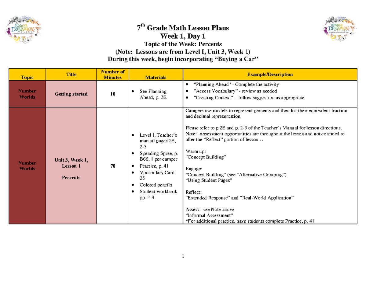 Completed Seventh grade 2013 - 7 Grade Math Lesson Plans Week 1, Day 1 ...