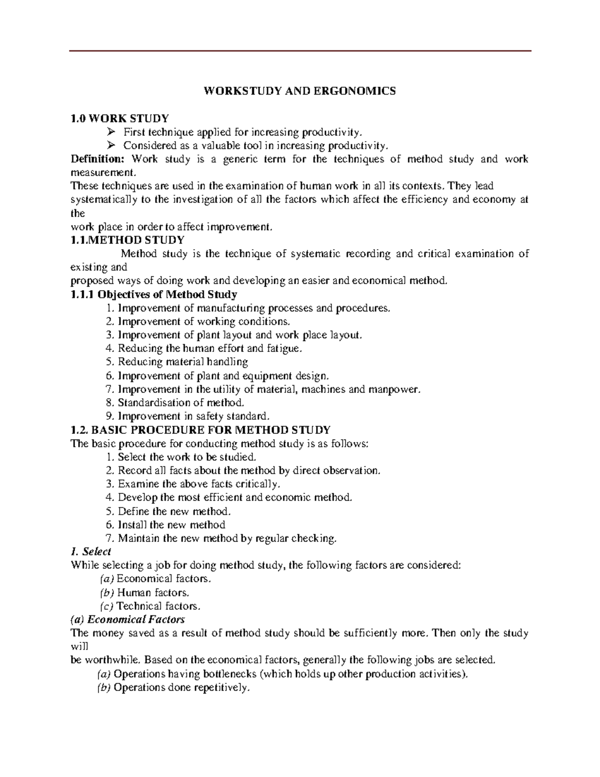 Work Study handout - WORKSTUDY AND ERGONOMICS 1 WORK STUDY First ...