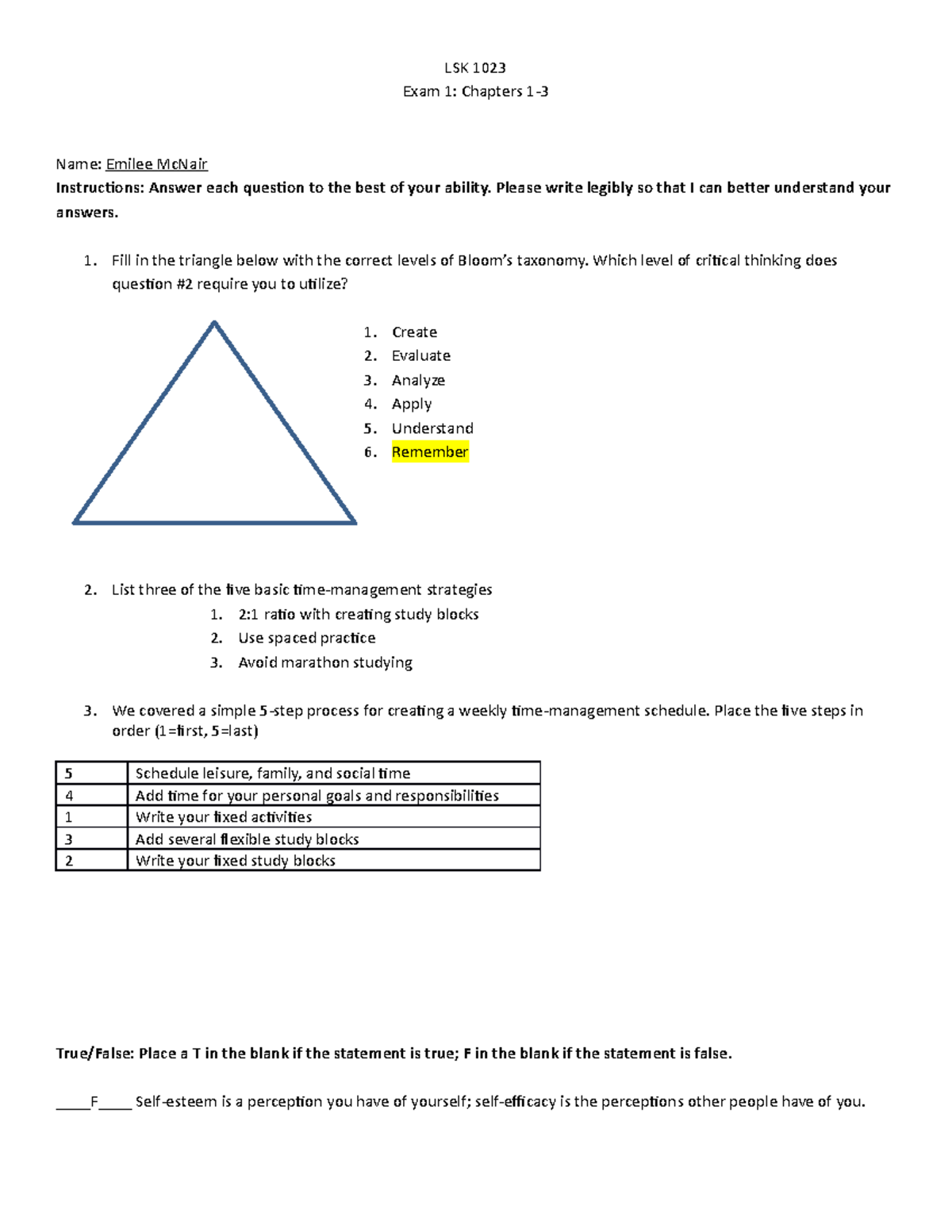 Exam Review Chapters 1,2,3 - LSK 1023 Exam 1: Chapters 1- Name: Emilee ...