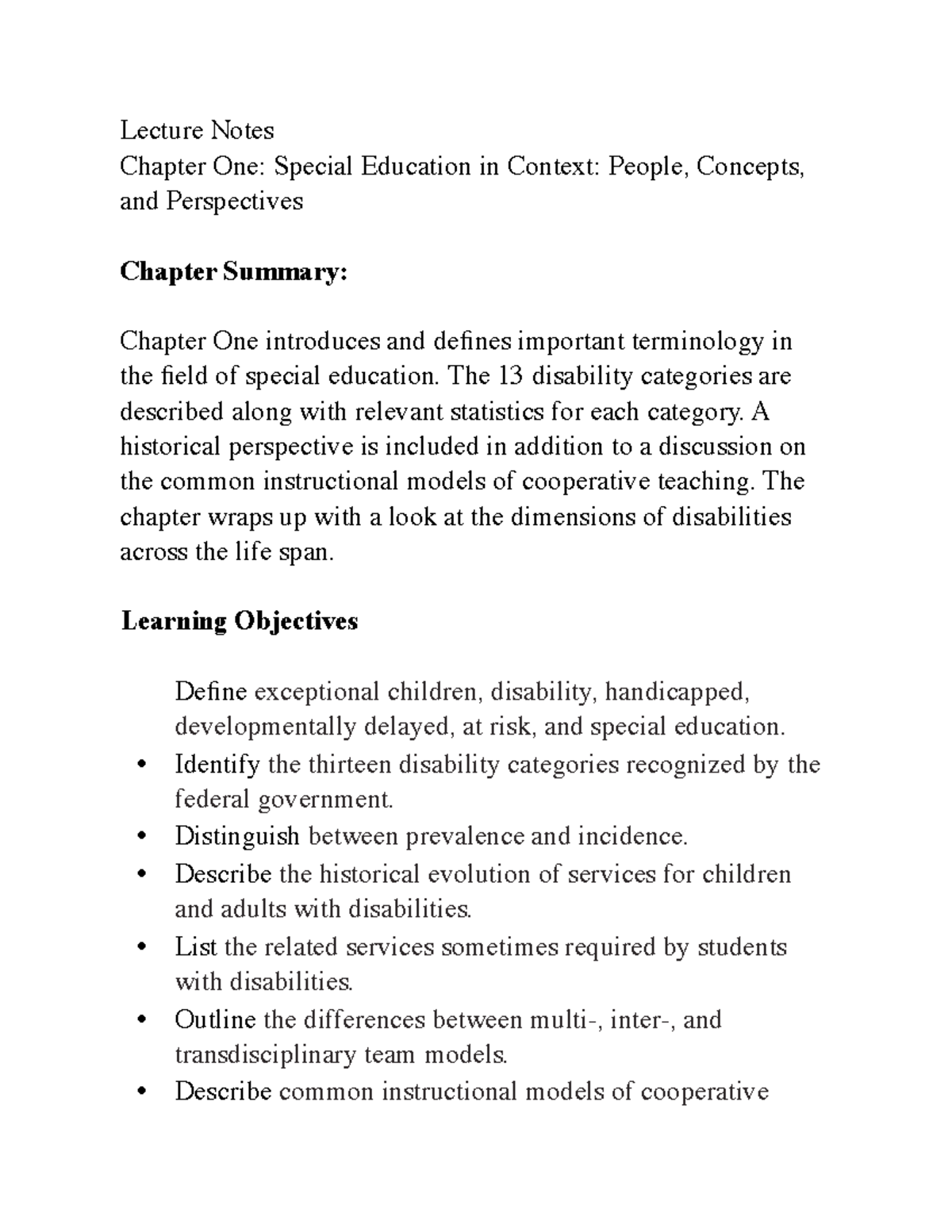 Lecture Notes chapter 1 - Lecture Notes Chapter One: Special Education ...