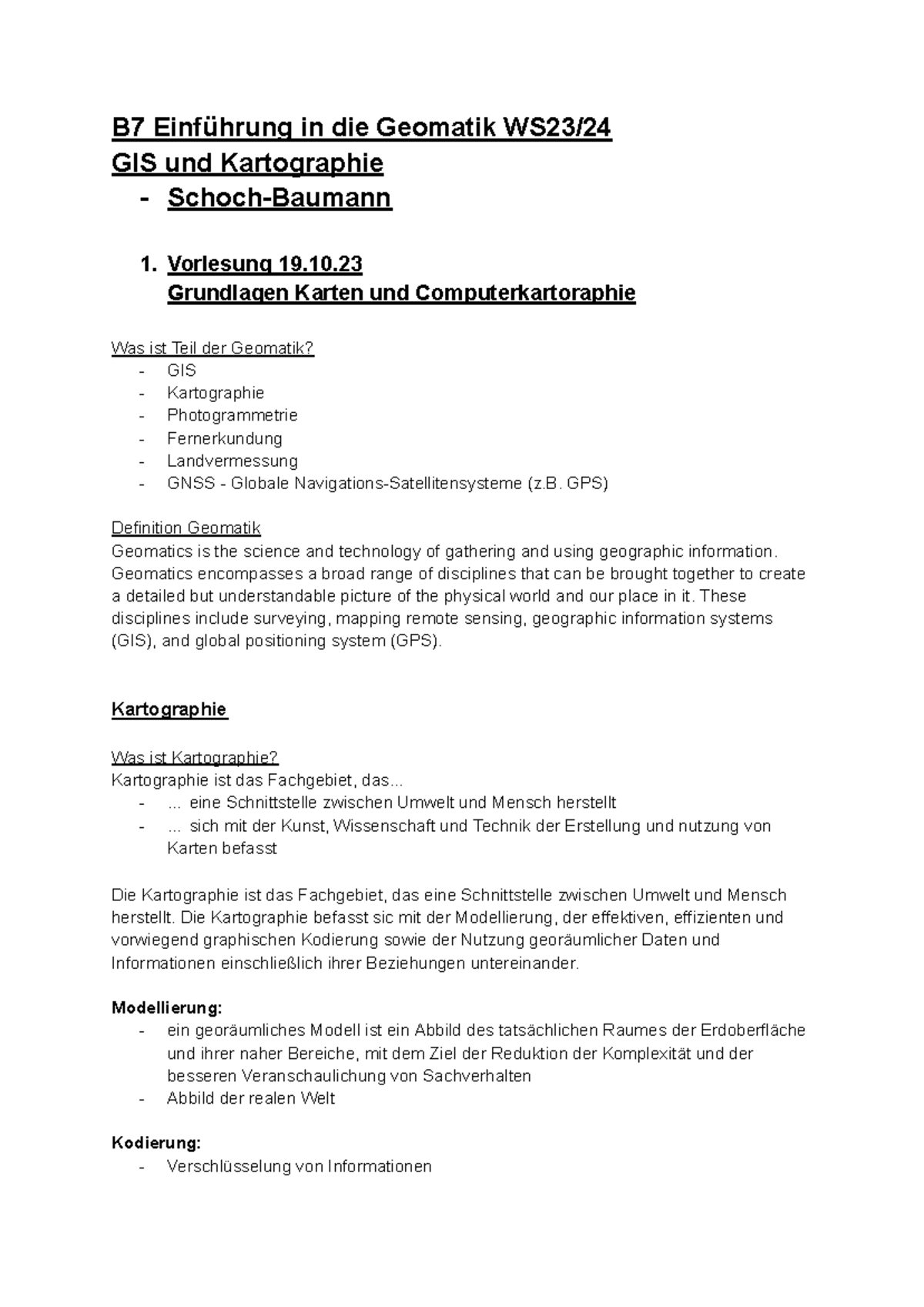 B7 Kartographie und GIS 1.VL Zusammenfassung - B7 Einführung in die ...