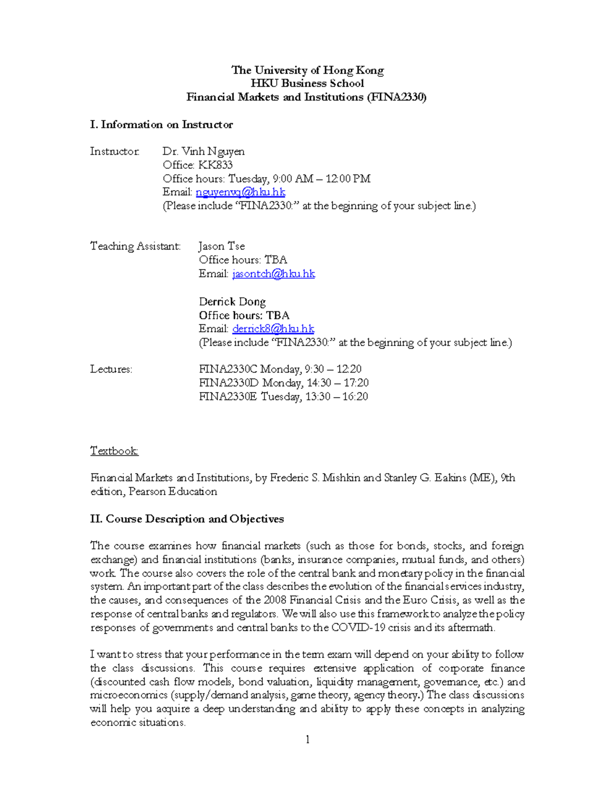 Syllabus FINA 2330 2024 - The University of Hong Kong HKU Business ...