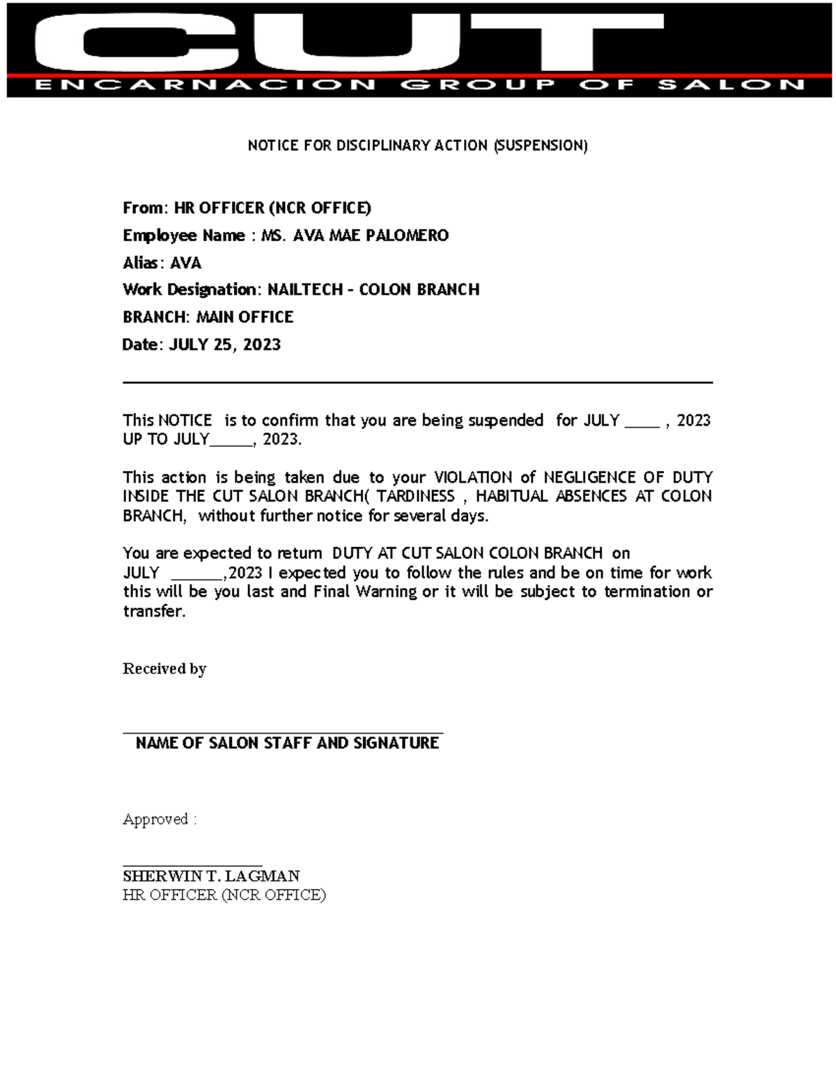 Suspension-new - Understanding - NOTICE FOR DISCIPLINARY ACTION ...