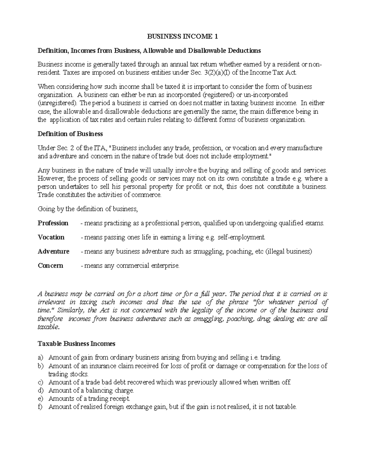 Business Income Notes - lec - BUSINESS INCOME 1 Definition, Incomes ...