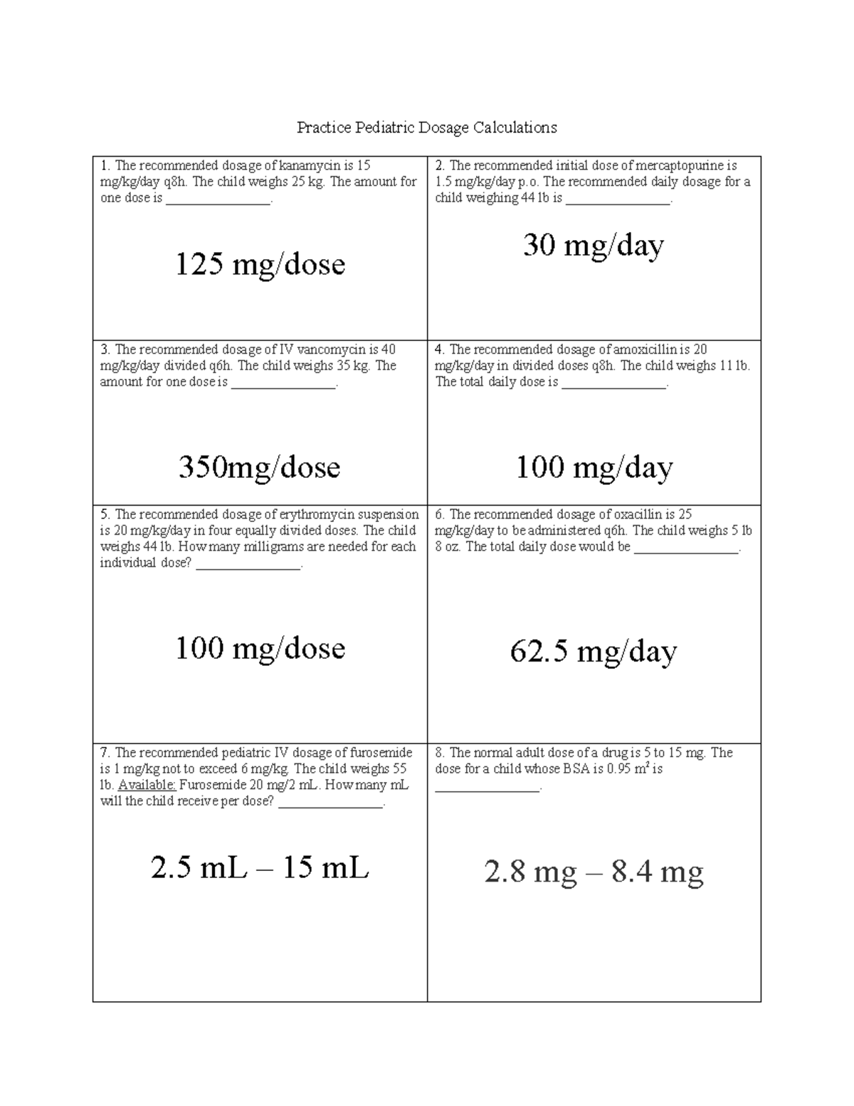 Pediatric+Calculations+Answers - Practice Pediatric Dosage Calculations ...