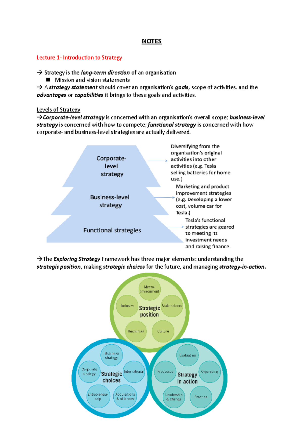 Notes - NOTES Lecture 1- Introduction to Strategy Strategy is the long ...