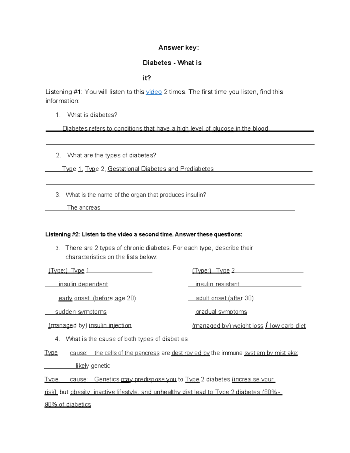 Answer key diabetes - Answer key: Diabetes - What is it? Listening #1 ...