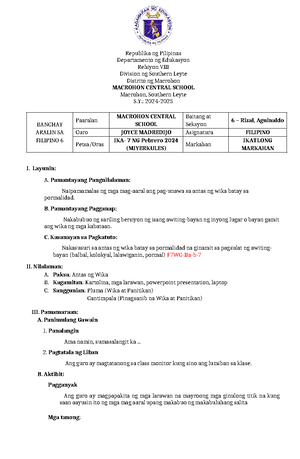 Halimbawa ng Lesson Exempar - Asignatura Filipino 9 Pamagat: Paggamit ...