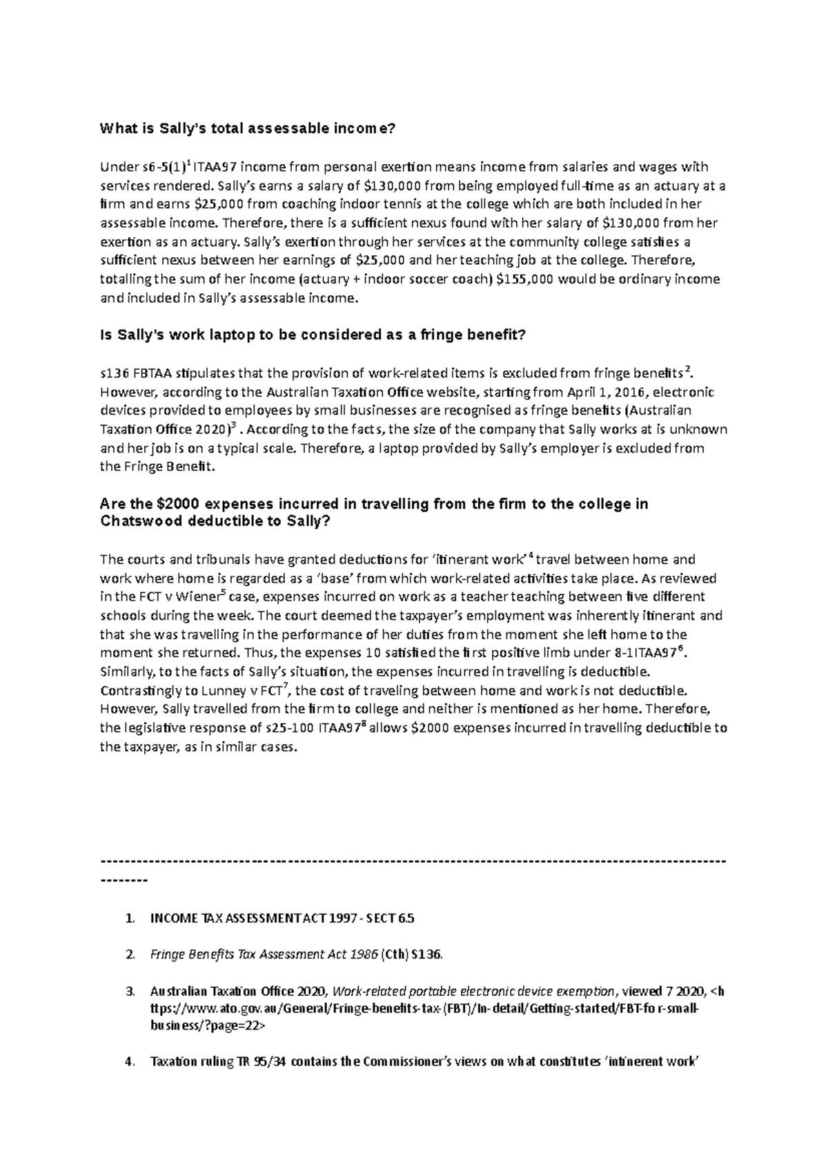 Tax law assignment - What is Sally’s total assessable income? Under s6 ...