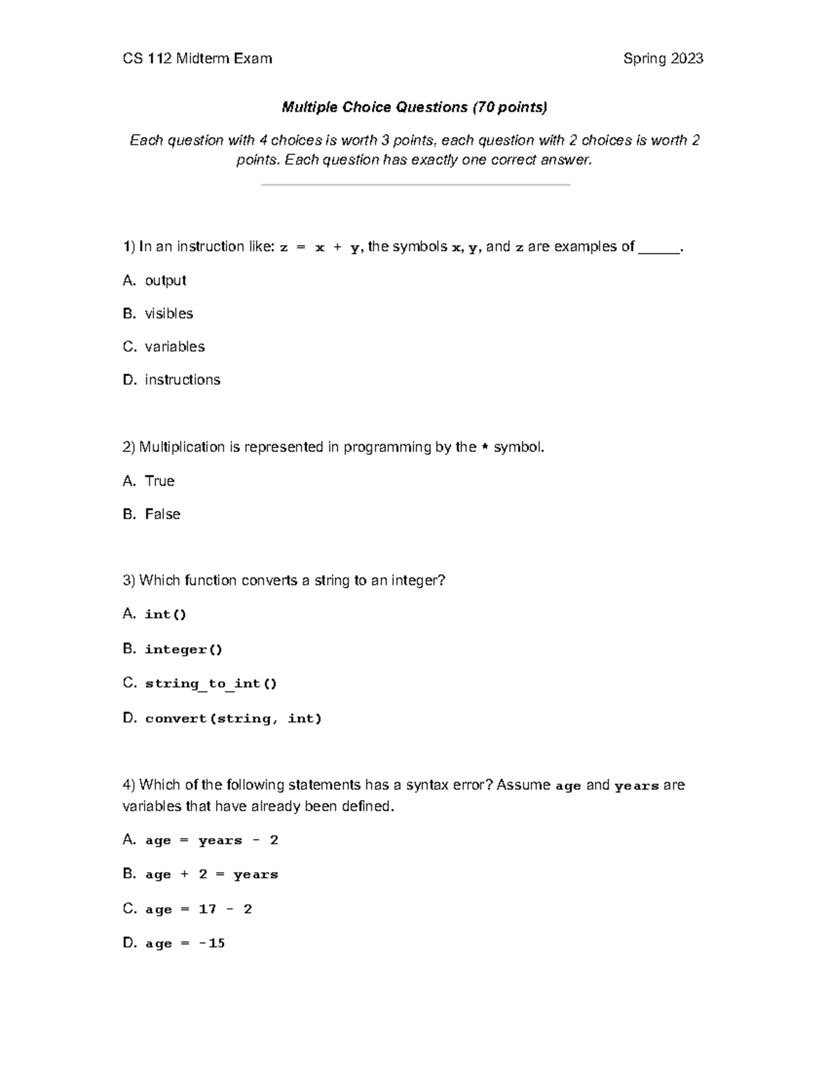 Zaman Midterm MC - Multiple Choice Questions (70 points) Each question ...