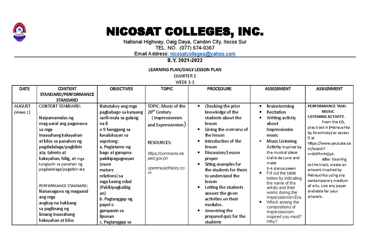 Learning PLAN ESP 8 - mini discussion - NICOSAT COLLEGES, INC. National ...