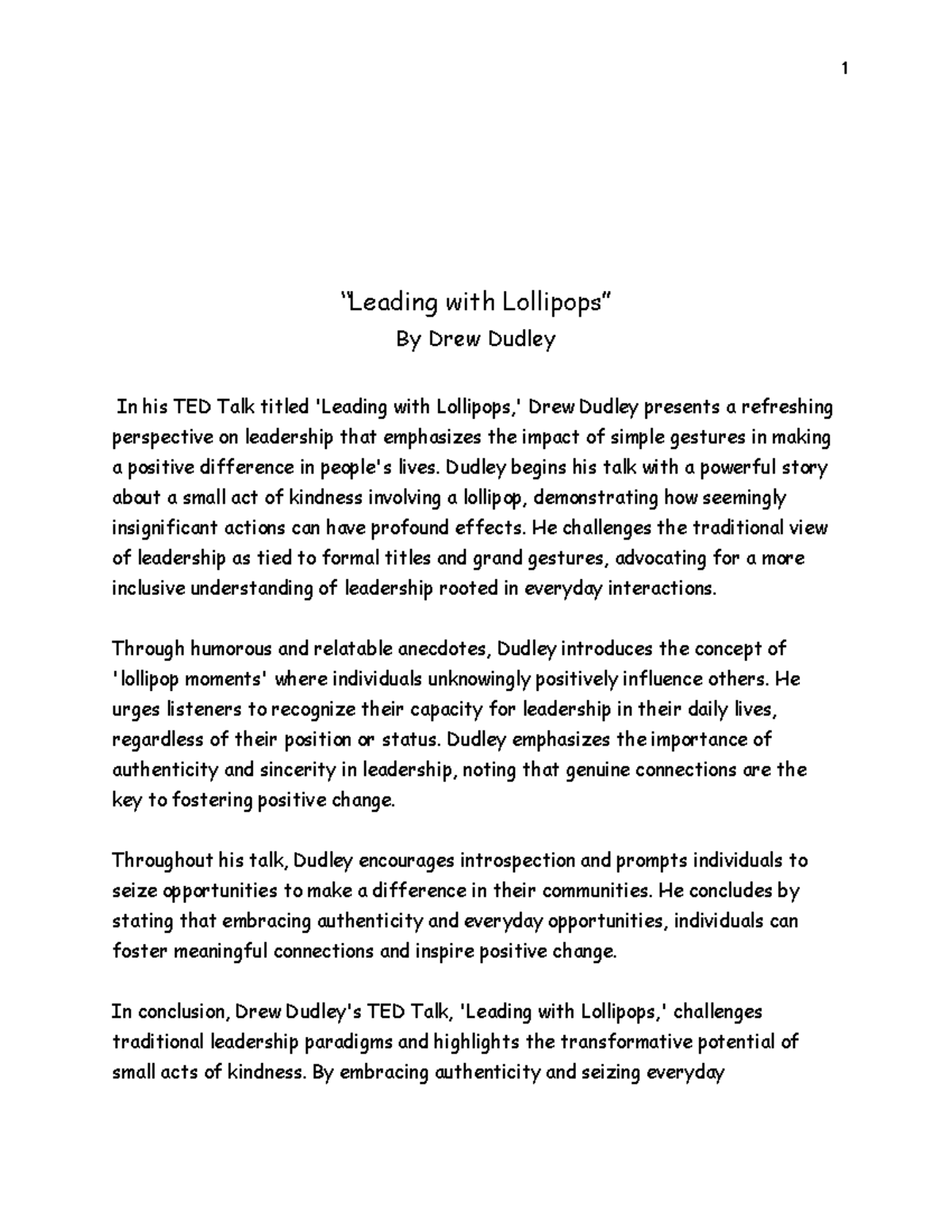 Descriptive Essay 1 through 7 - “Leading with Lollipops” By Drew Dudley ...