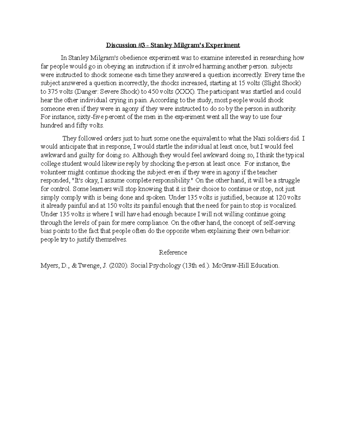 Stanely Milligram - Discussion #3 - Stanley Milgram's Experiment In ...