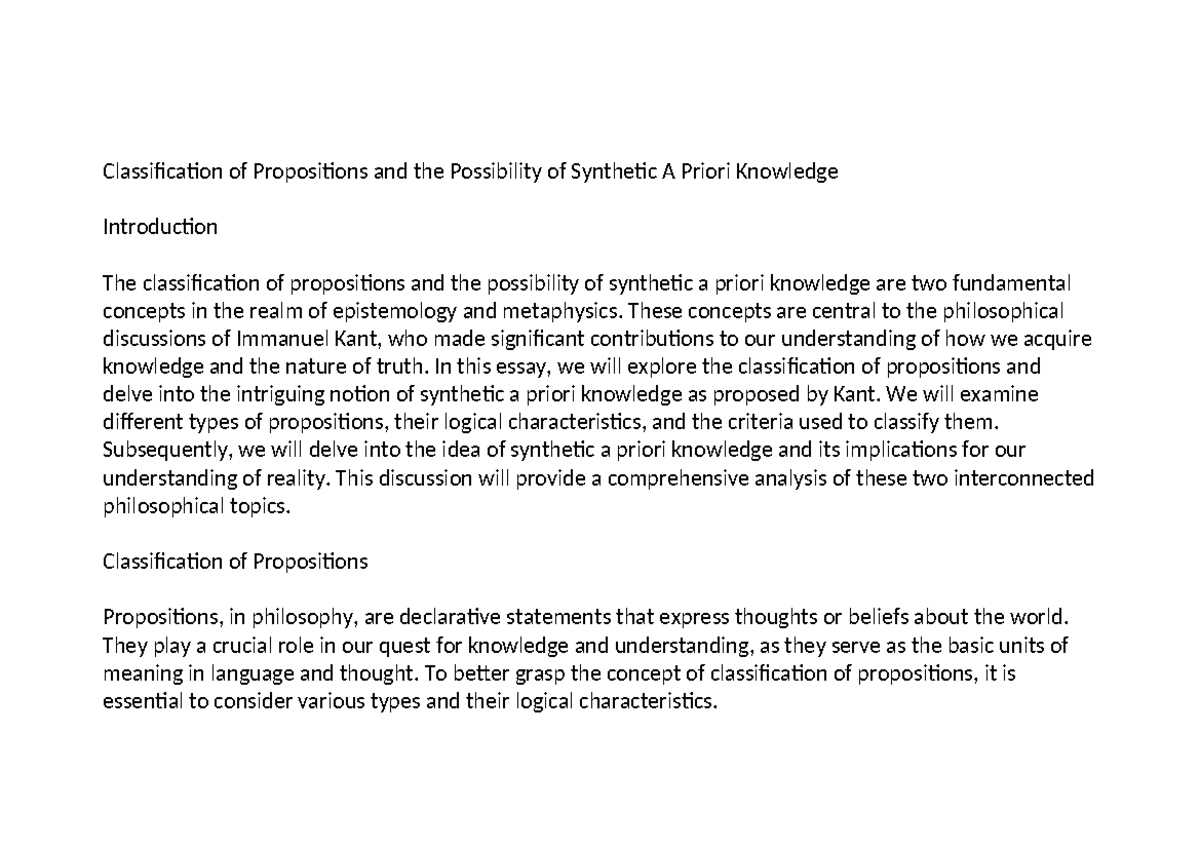 Immanuel kant - Classification of Propositions and the Possibility of ...