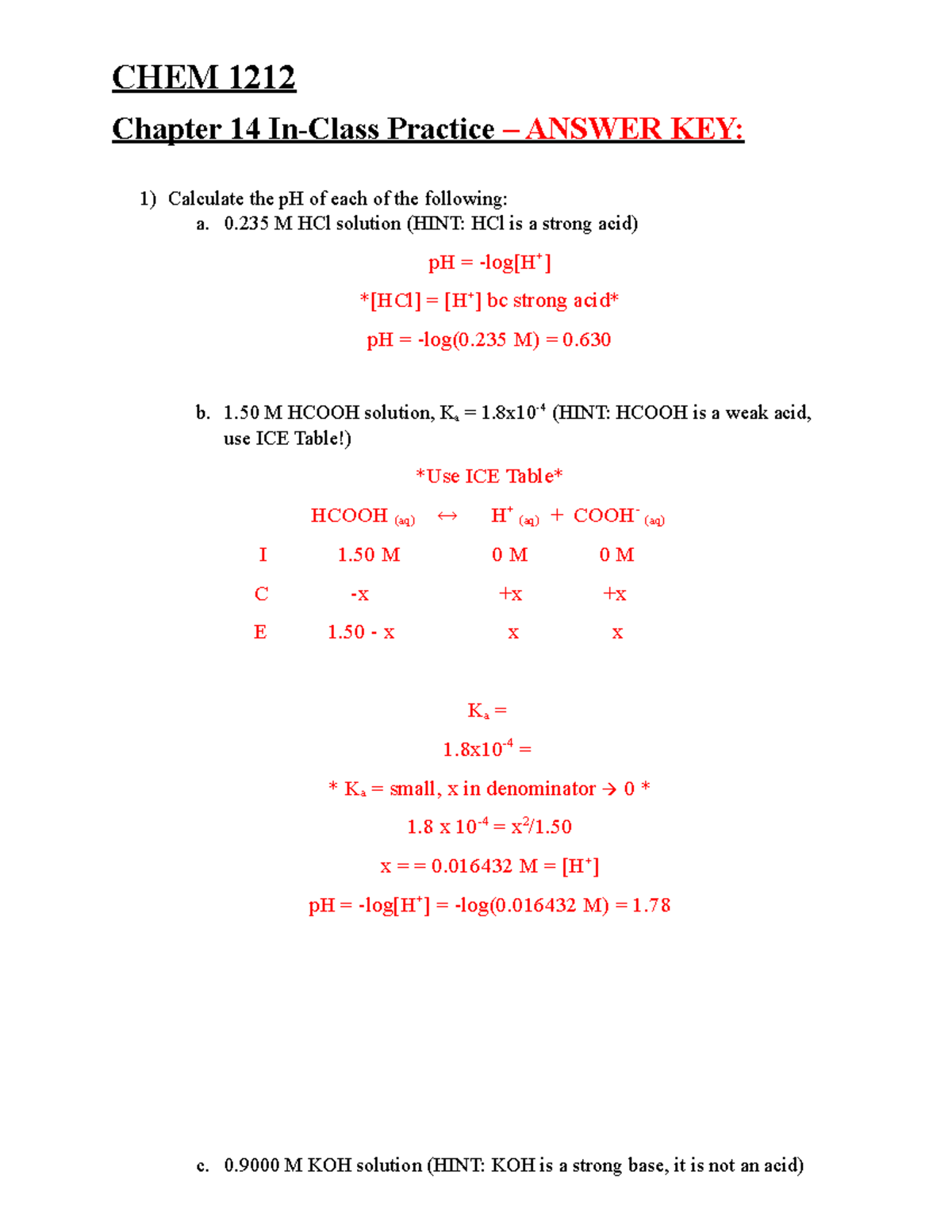 18 Chapter 14 In Class Worksheet - Answer KEY - CHEM 1212 Chapter 14 In ...