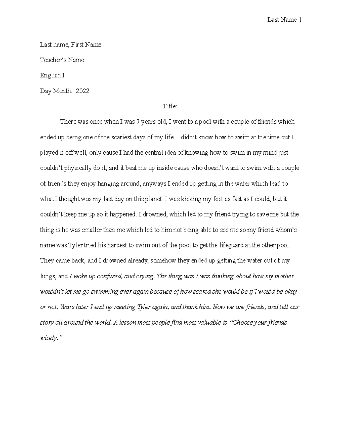 Copy of Personal Narrative Final Draft Template - Last Name 1 Last name ...