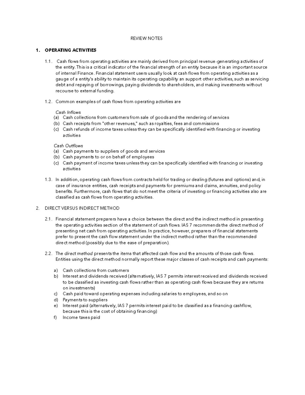 Operating Activities - REVIEW NOTES 1. OPERATING ACTIVITIES Cash flows ...