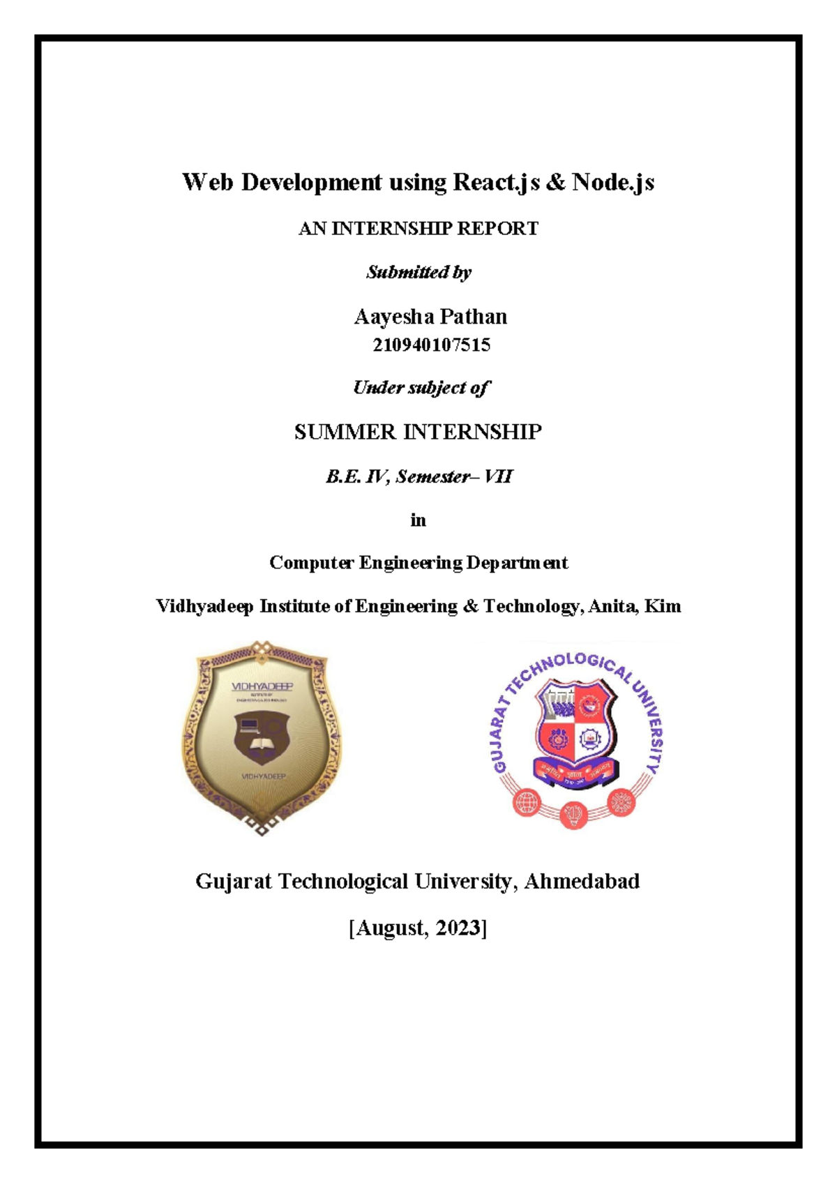 internship report - Web Development using React & Node AN INTERNSHIP REPORT Submitted by Aayesha ...