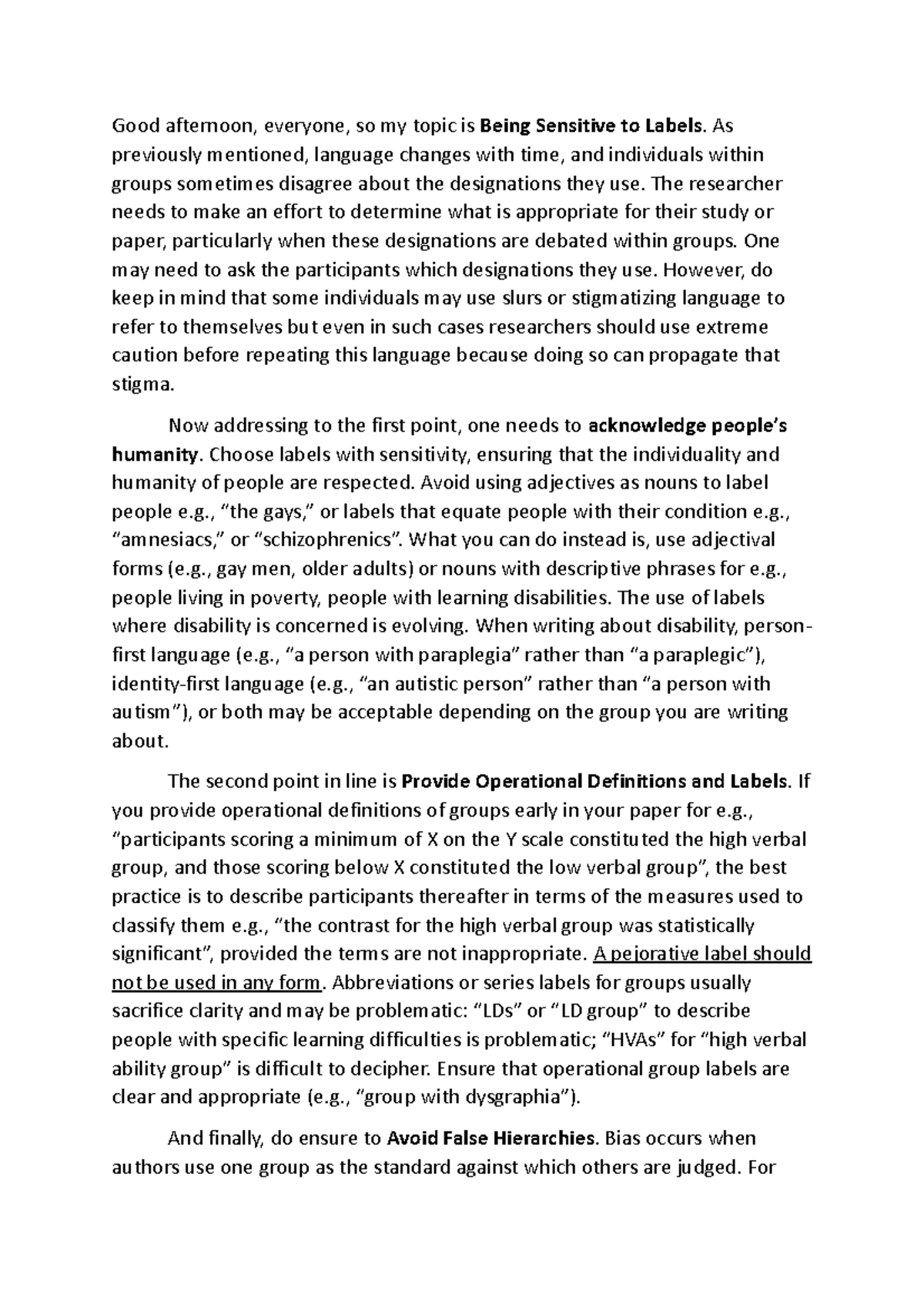 Being Sensitive to Labels in academic writing - Good afternoon ...