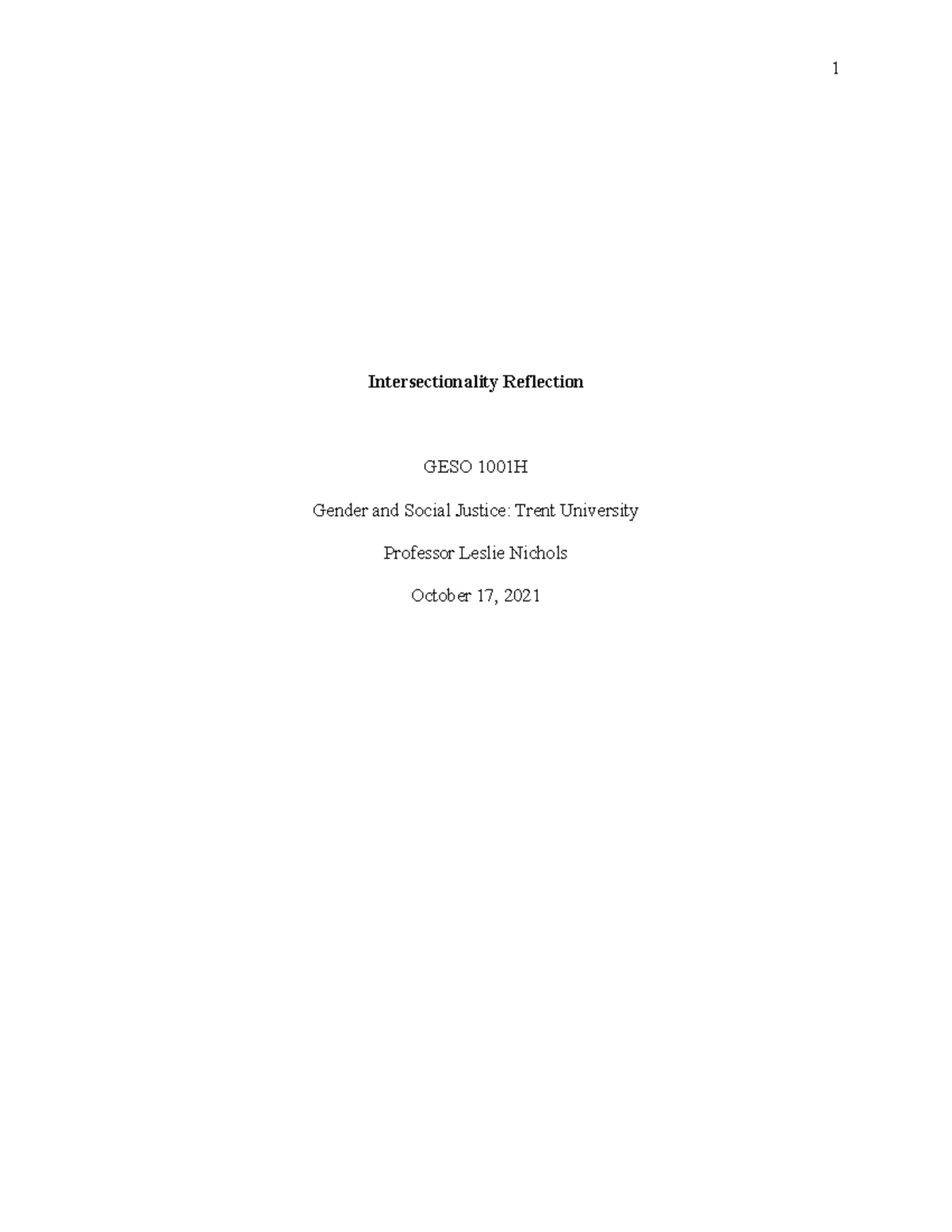 Intersectionality Reflection GESO 1001 - GESO 1001 - TrentU - Studocu