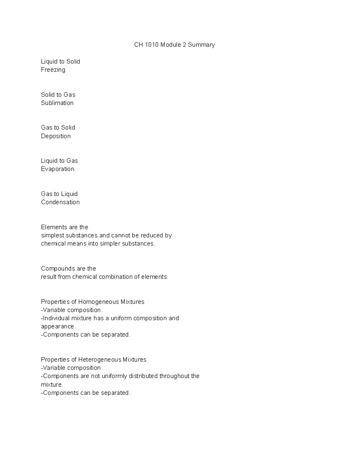 CH 101 0 Chapter 2 Study Guide - CH 1010 Module 2 Summary Liquid to ...