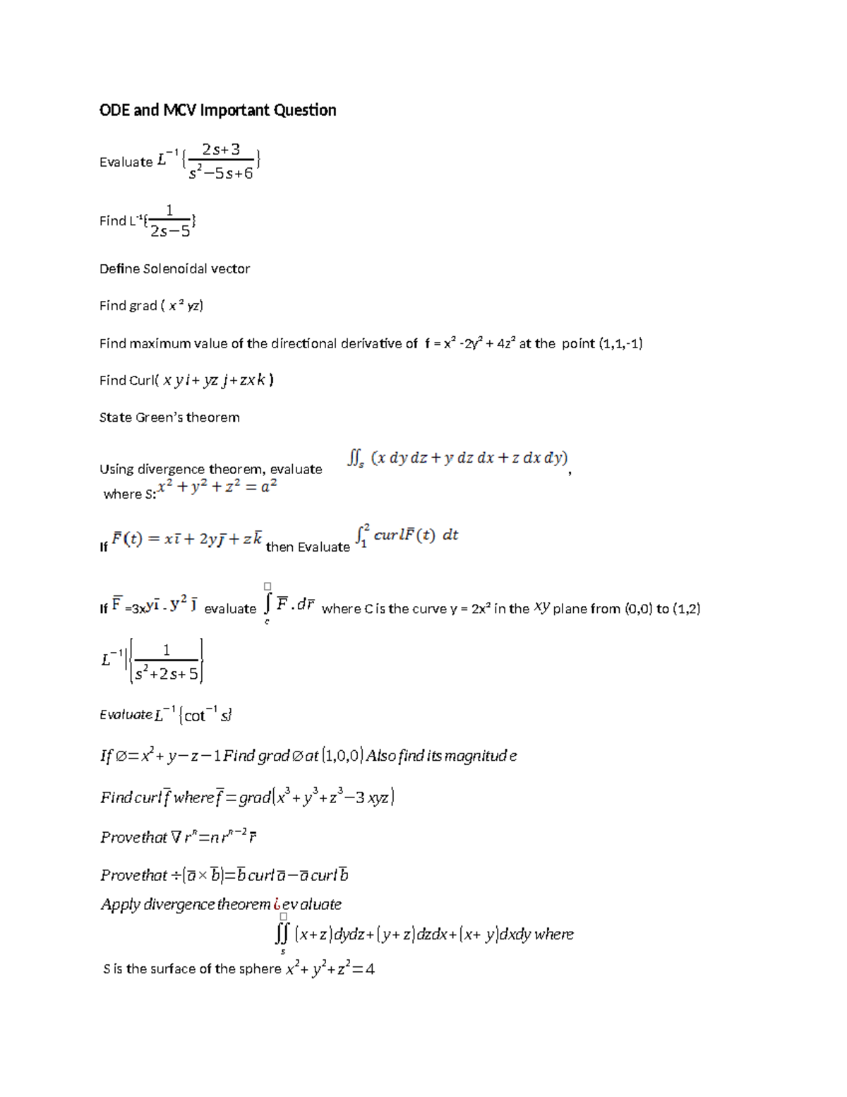 ODE Important questions - ODE and MCV Important Question Evaluate L − 1 ...