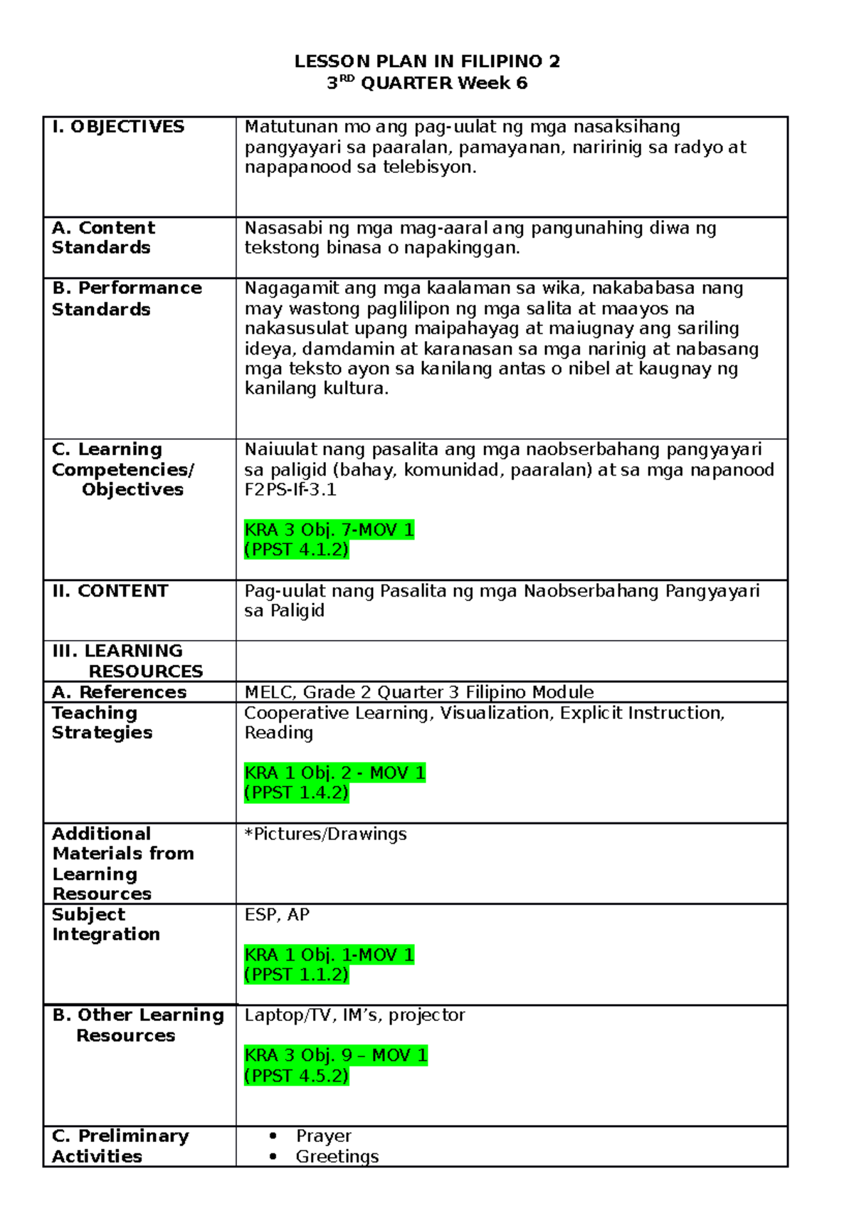 Q3 COT DLP FIL-2-WEEK-6 - LESSON PLAN IN FILIPINO 2 3 RD QUARTER Week 6 I. OBJECTIVES Matutunan ...