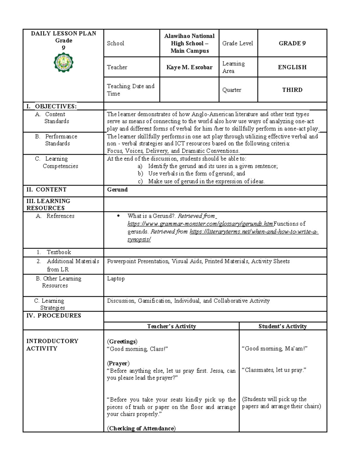 2nd dlp - eng 9 - DLP - DAILY LESSON PLAN Grade 9 School Alawihao ...