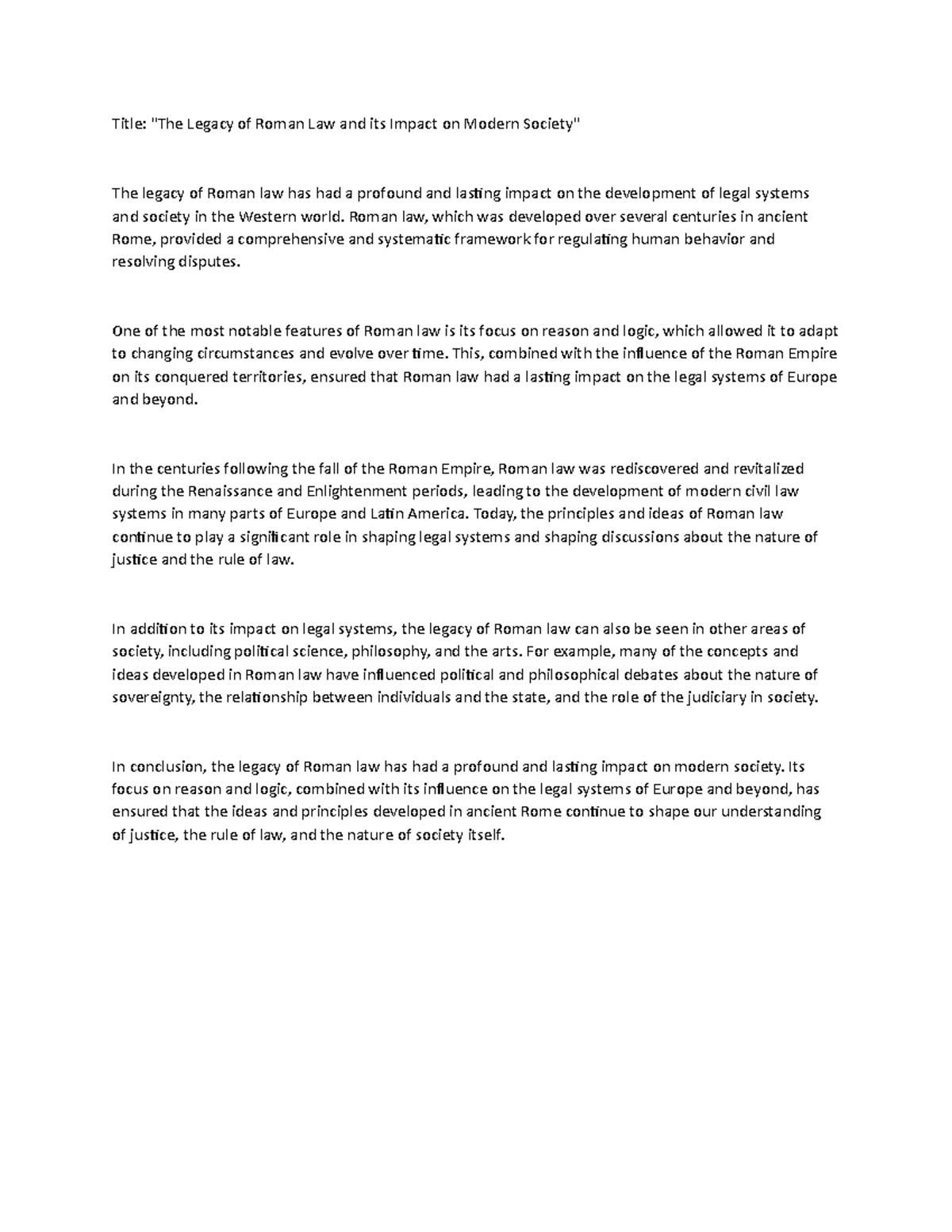 The Legacy of Roman Law and its Impact on Modern Society - Title: "The ...