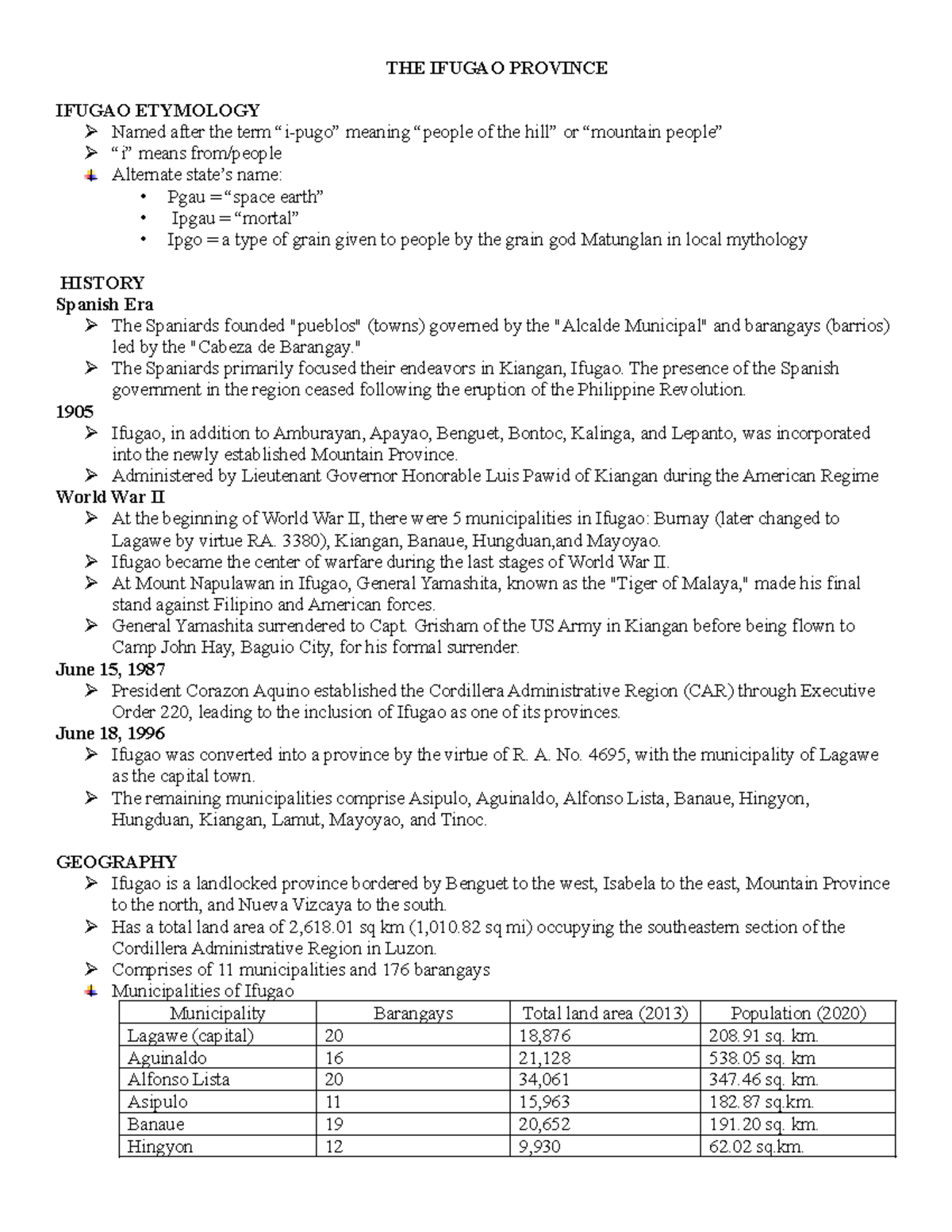 Ifugao-Province-doc - THE IFUGAO PROVINCE IFUGAO ETYMOLOGY Named after ...