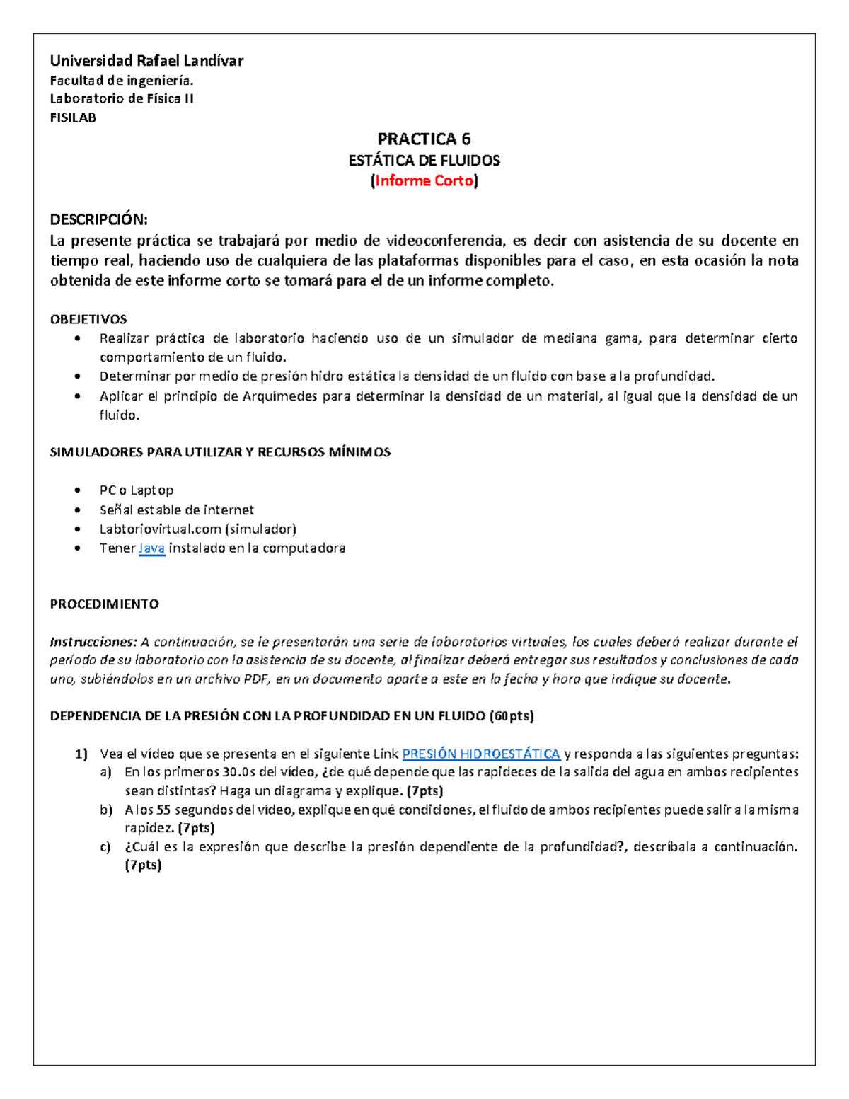 Práctica 6 Fluidos 2C 2023 - Universidad Rafael Landívar Facultad de ...