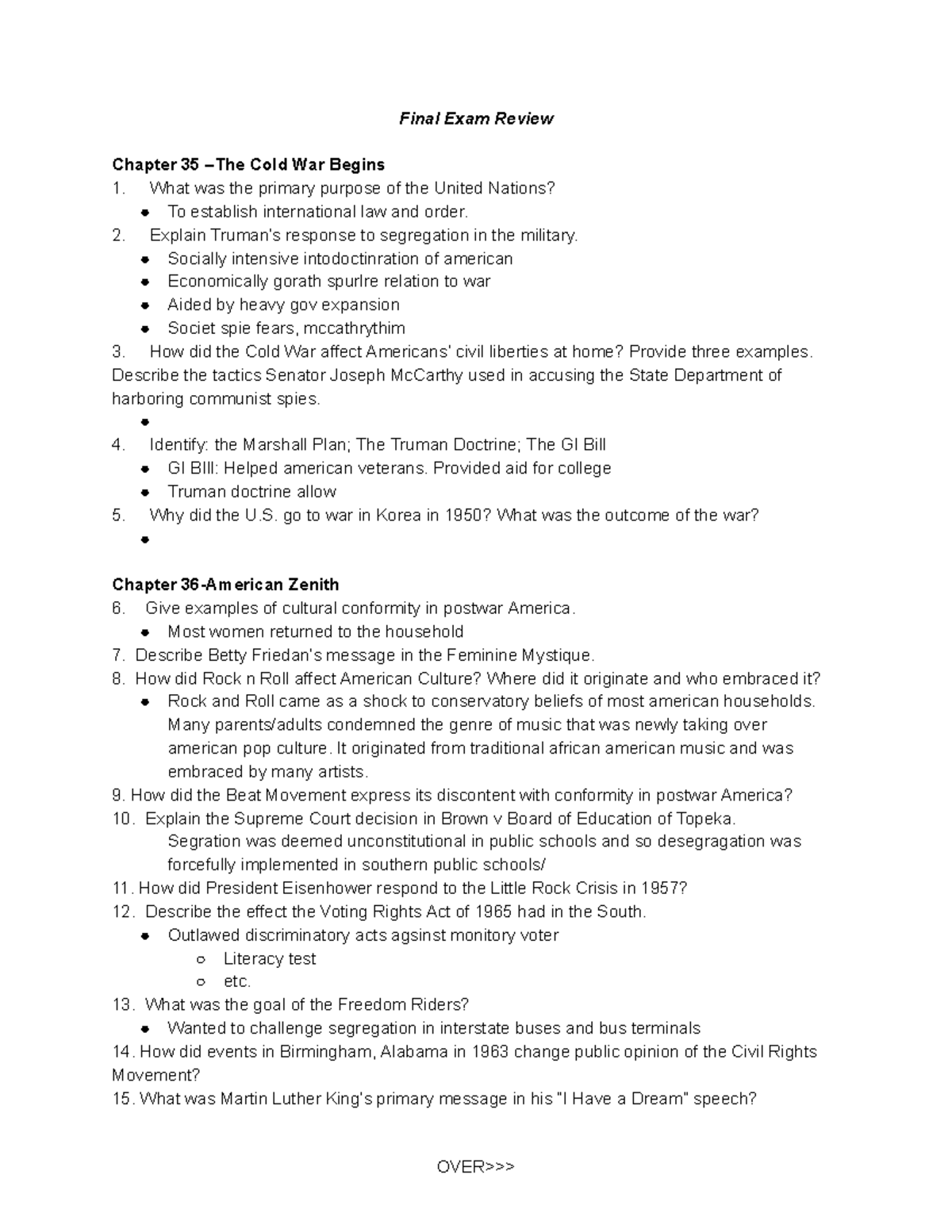 Final Exam Review - Final Exam Review Chapter 35 –The Cold War Begins ...